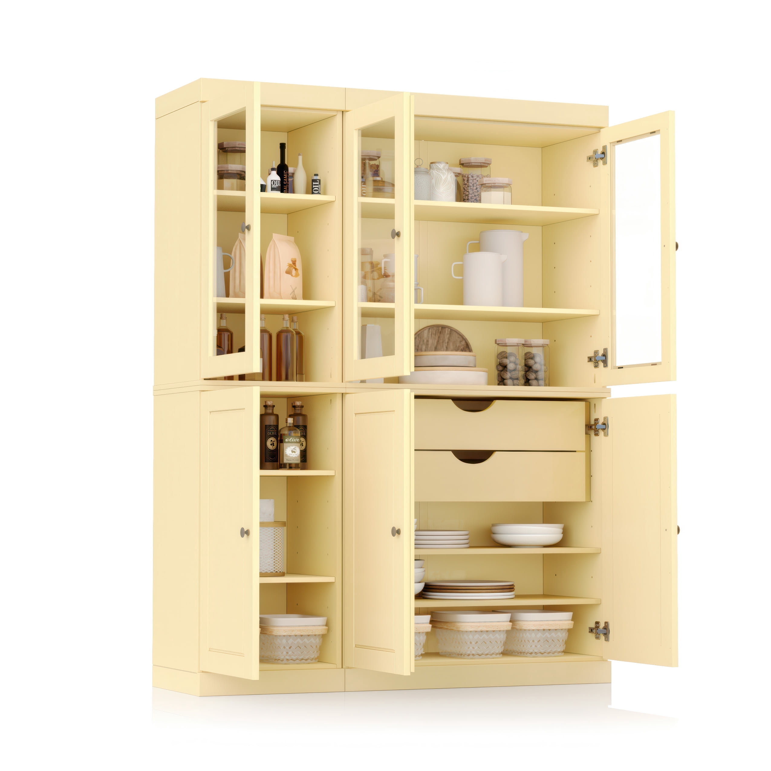 100% Solid Wood Kitchen Pantry Storage Cabinet with Glass Doors ...