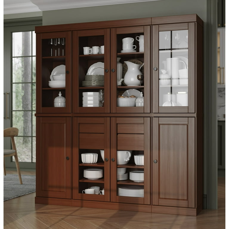 Palace Imports 100 Solid Wood Kitchen Pantry Storage Cabinet with Glass Doors Adjustable Shelves and 2 Drawers Mocha Walmart