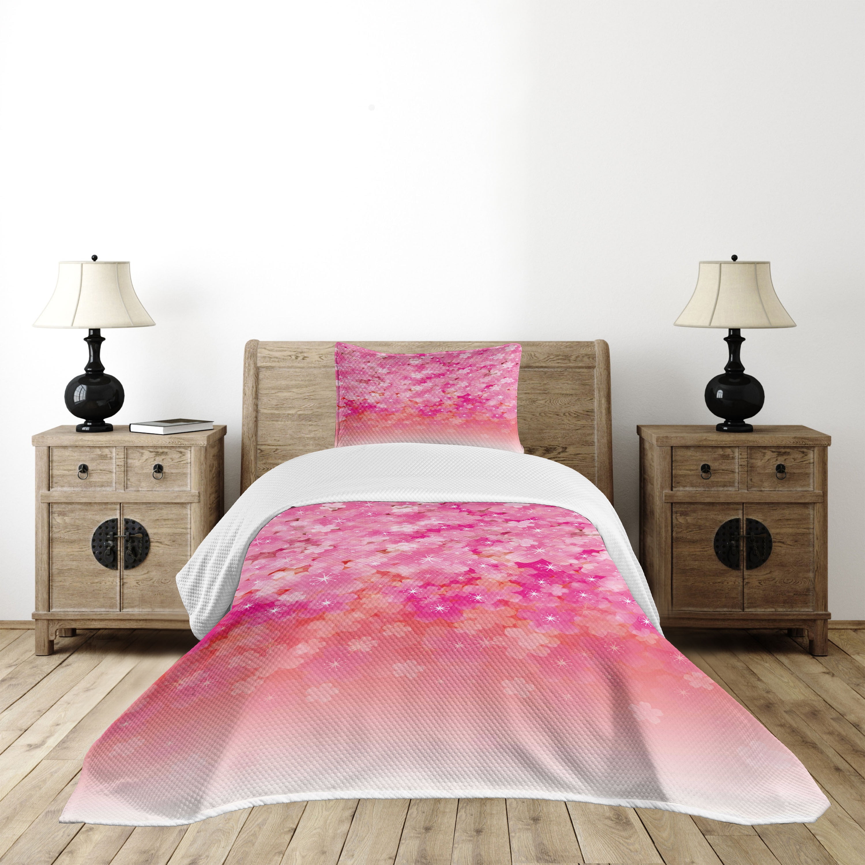 Pale Pink Bedspread Set Twin Size, Cherry Blossom Tree Flowers in ...