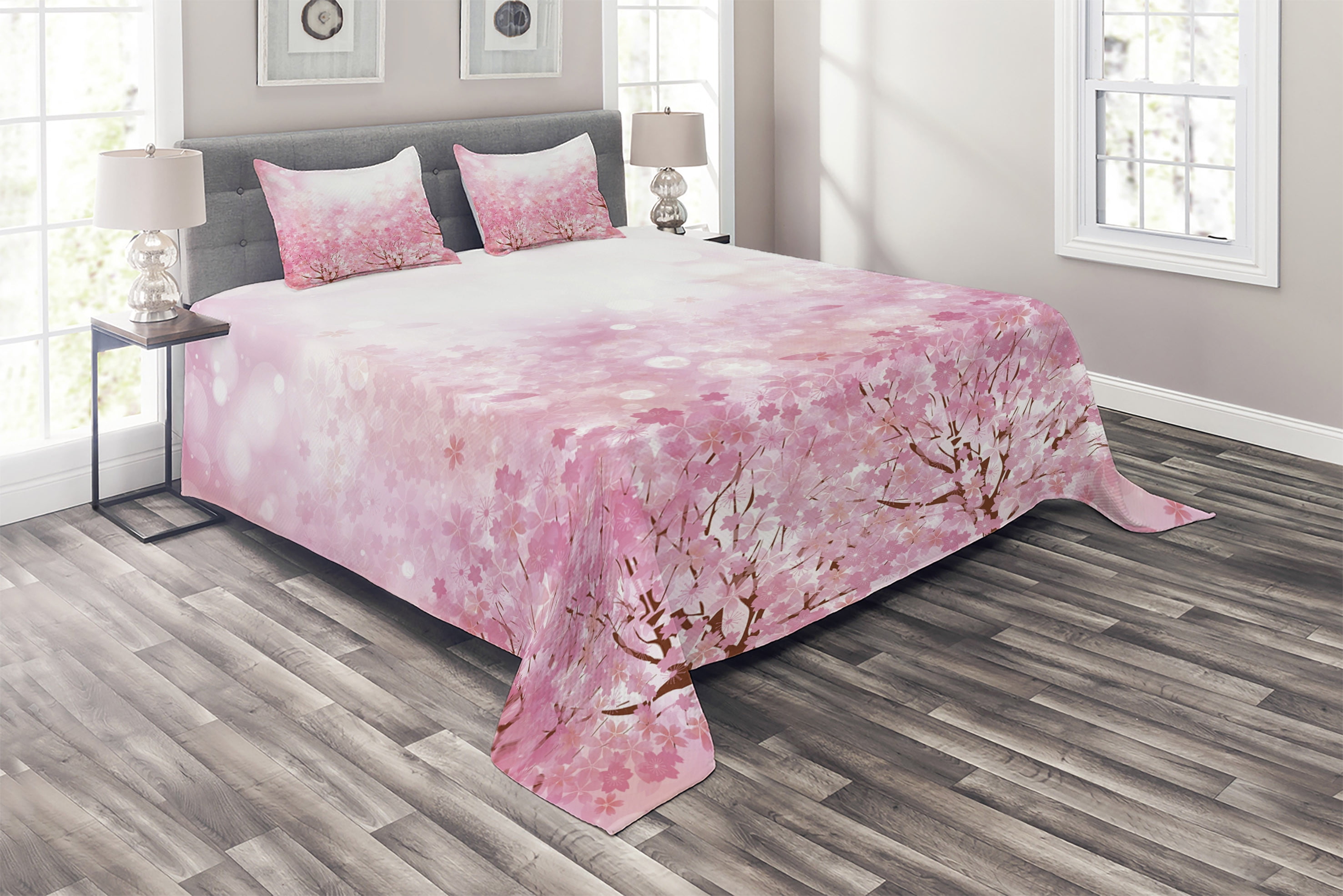 Ambesonne Pale Pink Quilted Coverlet 3 Pcs, Romatic Sakura Tree, Queen ...