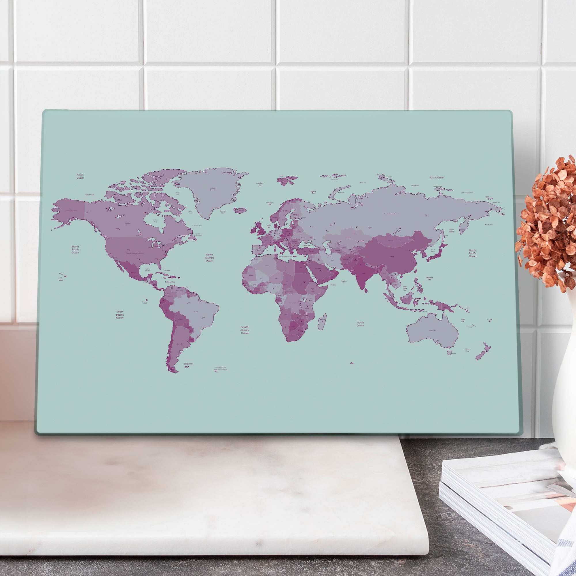 Pale Pink Cutting Board, World Map Continents Island Land Pacific Atlas ...