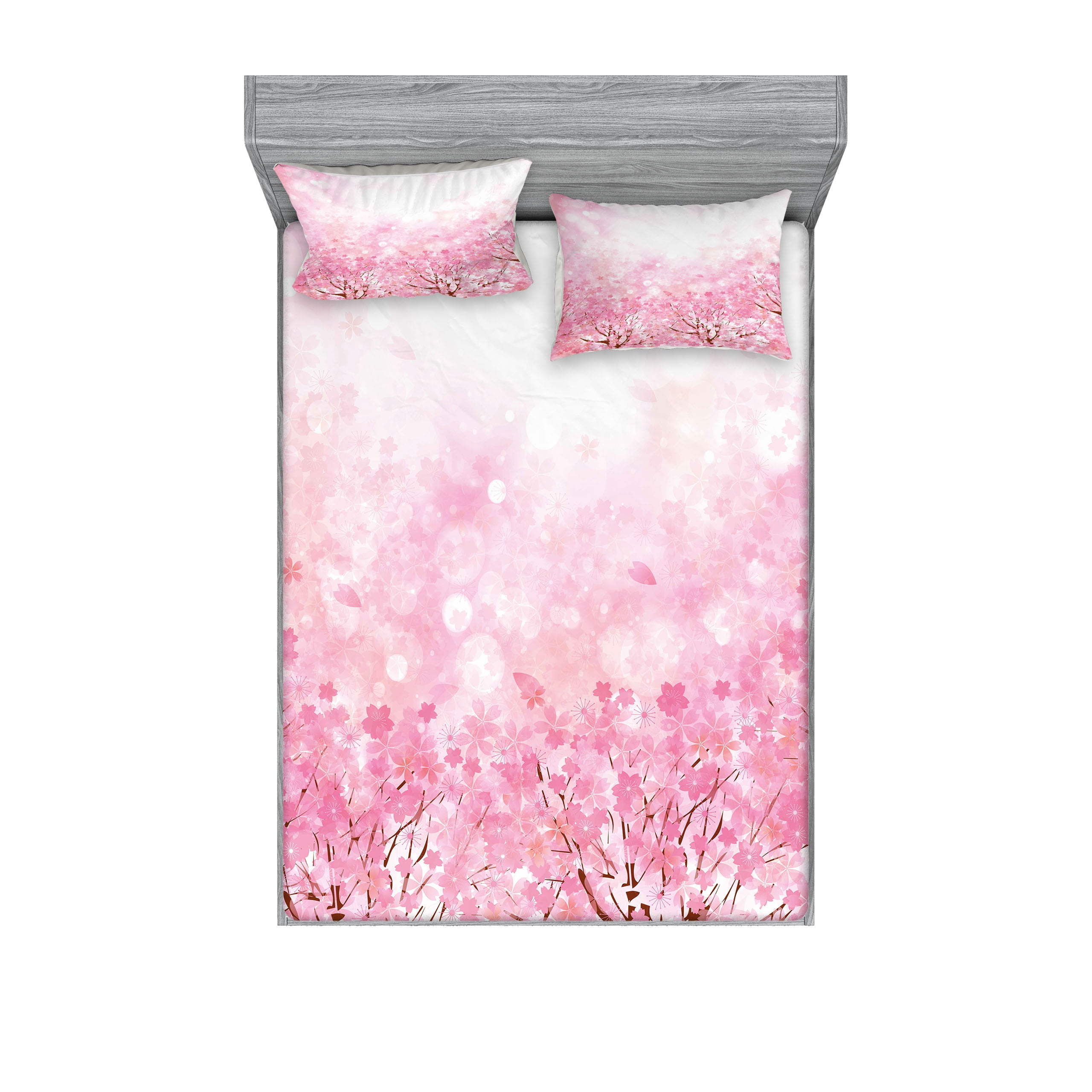 Pale Pink Fitted Sheet & Pillow Sham Set, Japanese Cherry Blossom ...