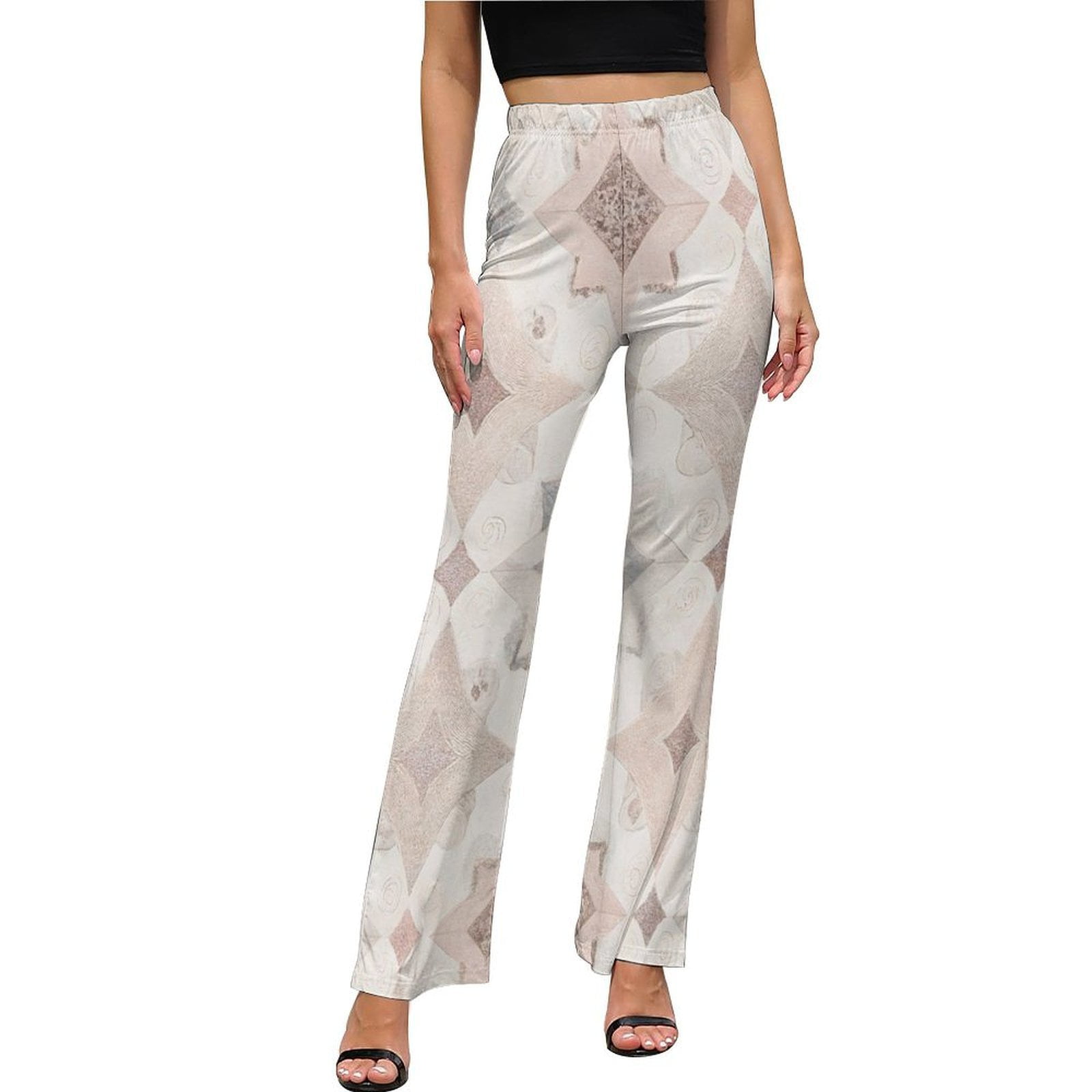 Pale Pink Geometric Tile Pattern High Waisted Casual Flared Trousers ...