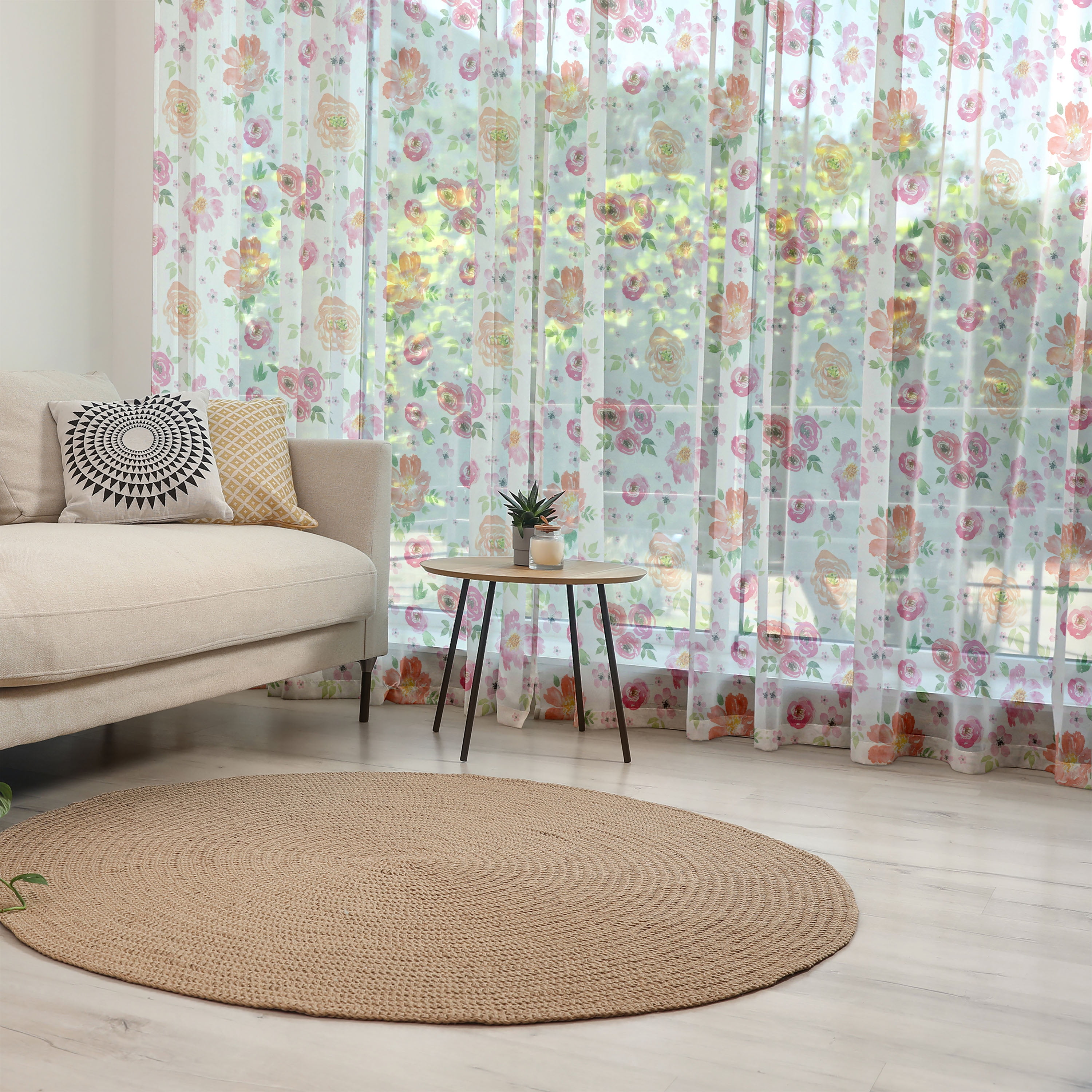 Pale Pink Tulle Curtains with Rod Pocket, Watercolor Style Rural Meadow ...