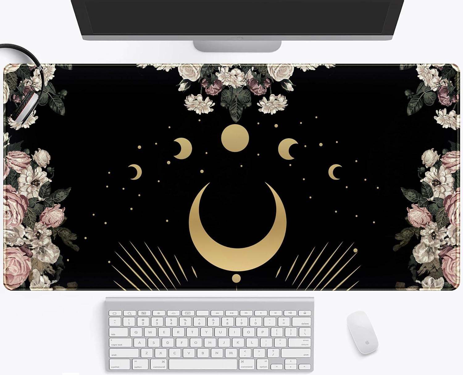 Pale Roses Moon Desk Mat Black Flowers Desk Pad, Large Mouse Pad XXL ...