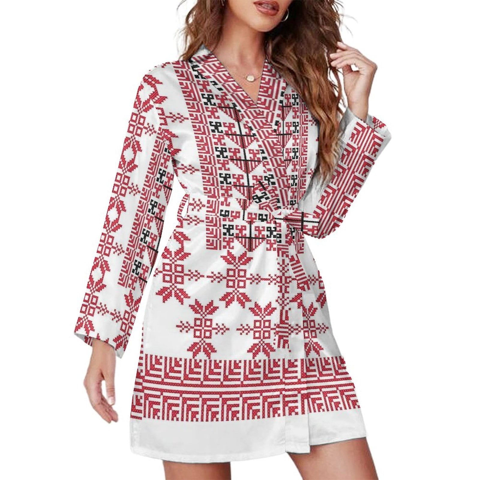 Palestinian Embroidery Night Robe Long Sleeve V Neck Robe With Belt ...