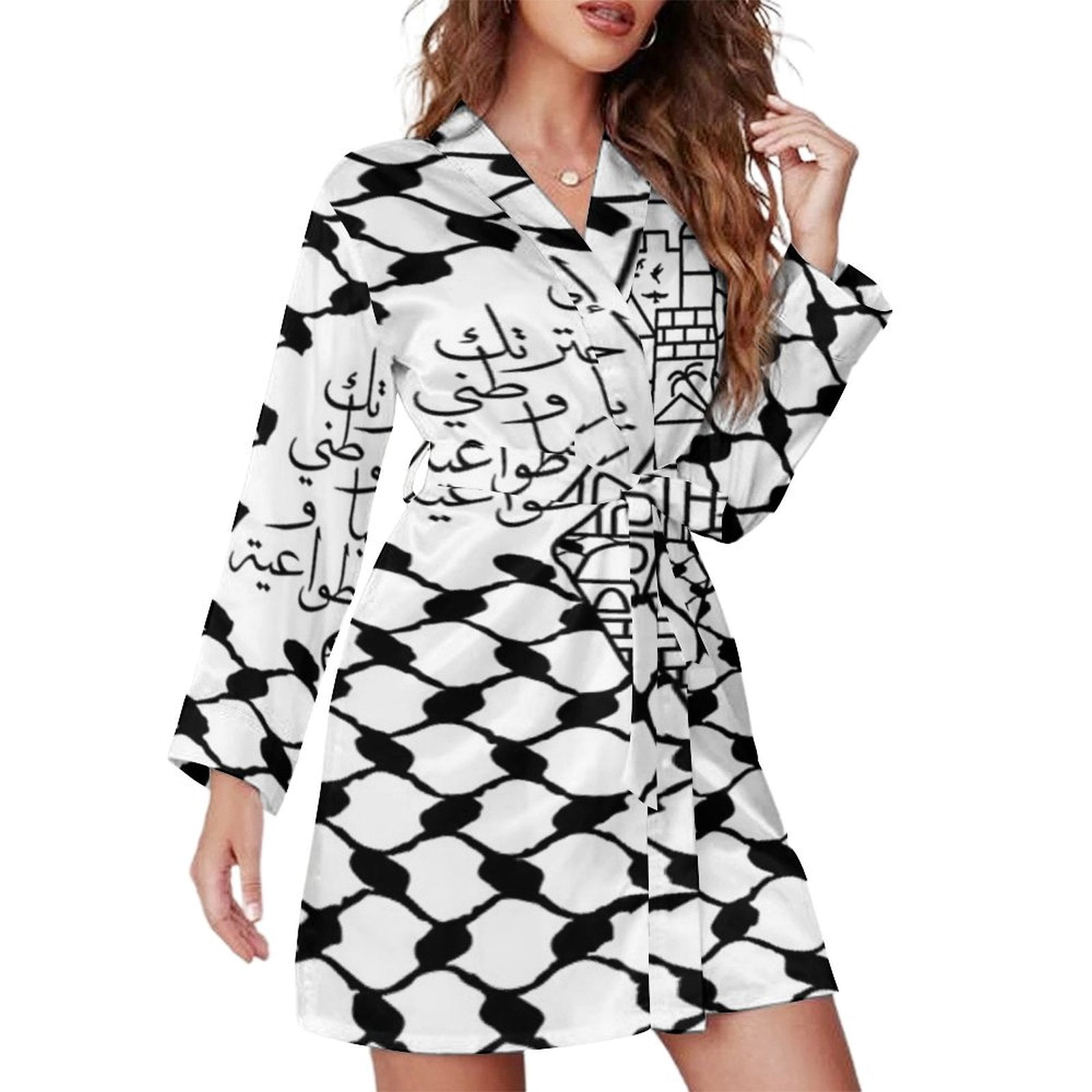 Palestinian Map Kufiya Pattern Night Robe Long Sleeve V Neck Robe With ...