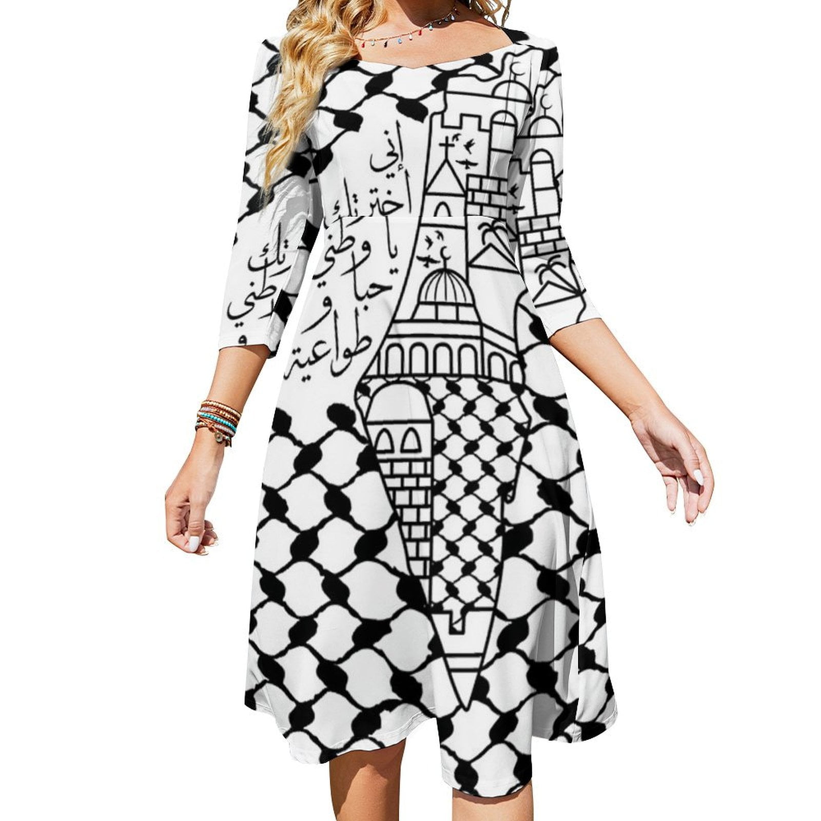 Palestinian Map Kufiya Pattern Sweetheart Knot Flared Dress Fashion ...