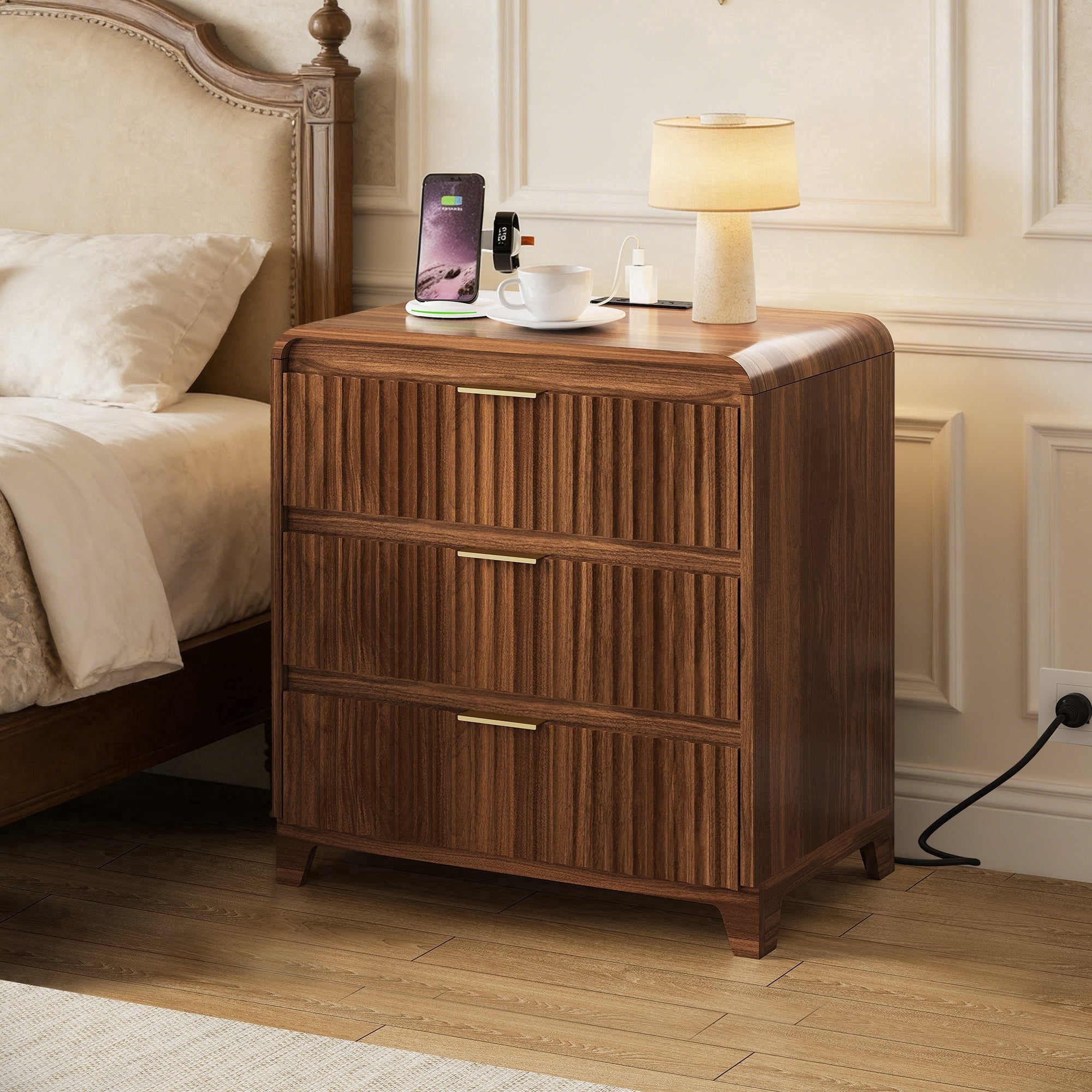 Palifte Fluted Nightstand,23.6" Length Modern Bedside Table with 3 ...
