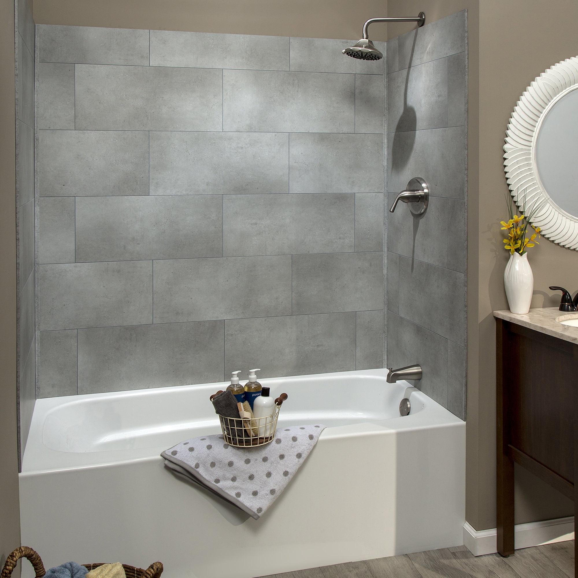 Palisade 23.2in x 11.1in Vinyl Wall Tile Shower Kit in Frost Nickel ...