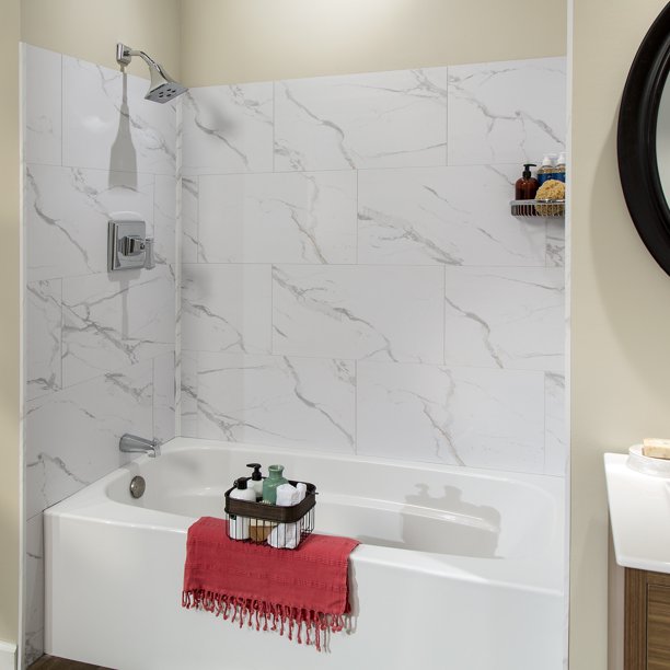 Palisade 25.6in x 14.8in Vinyl Wall Tile Shower Kit in Carrara Marble ...