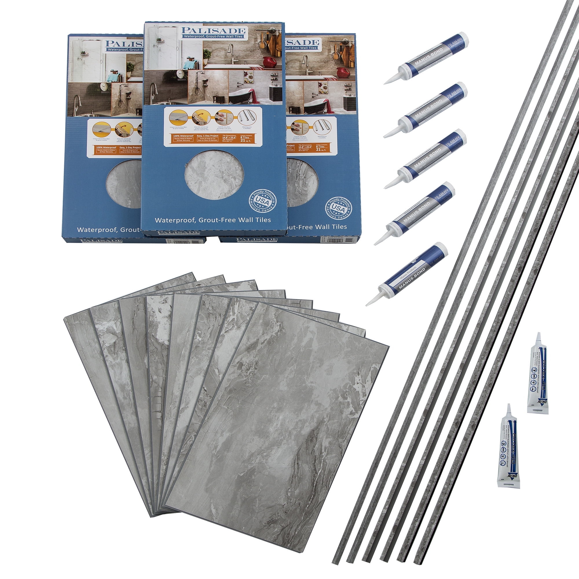 Palisade 25.6in x 14.8in Vinyl Wall Tile Shower Kit in Smoky Sky ...