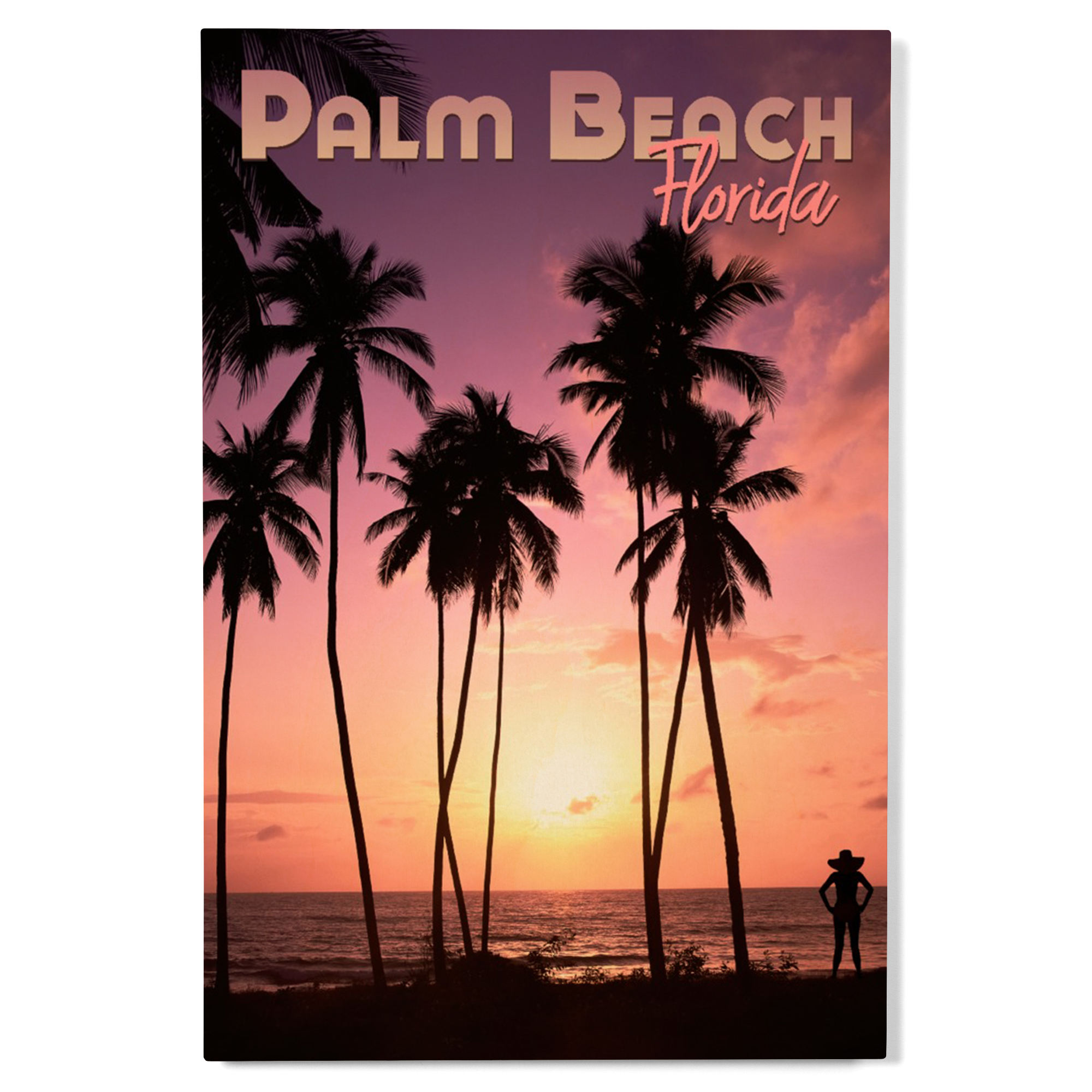 Palm Beach, Florida, Beach Scene, Palm Trees and Sunset Birch Wood Wall ...