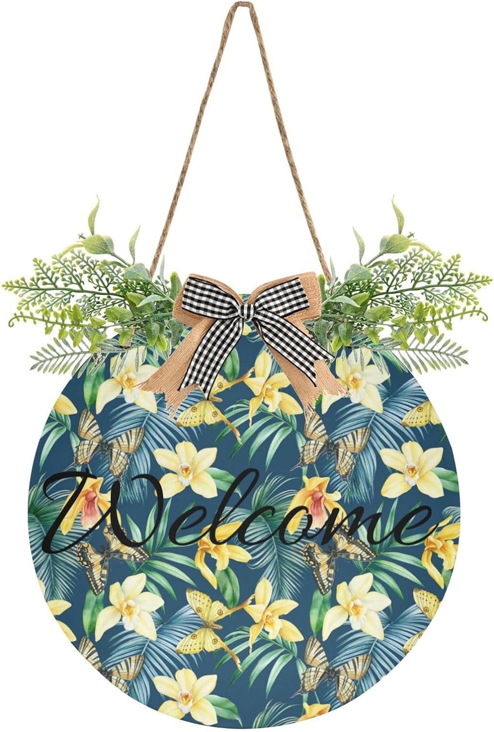 Palm Butterfly Welcome Sign for Front Door, Round Sign Hanging Welcome ...