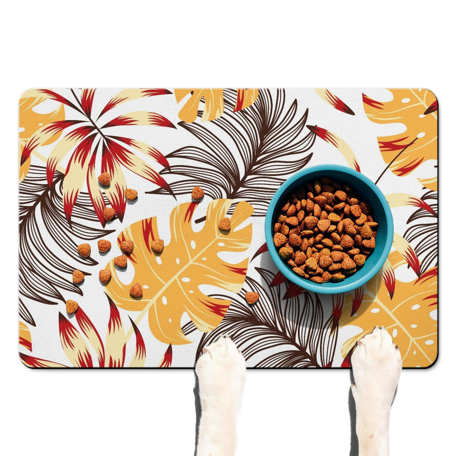 Palm Inspired Dog Food Mat with Retro Hawaiian Floral and Colorful ...