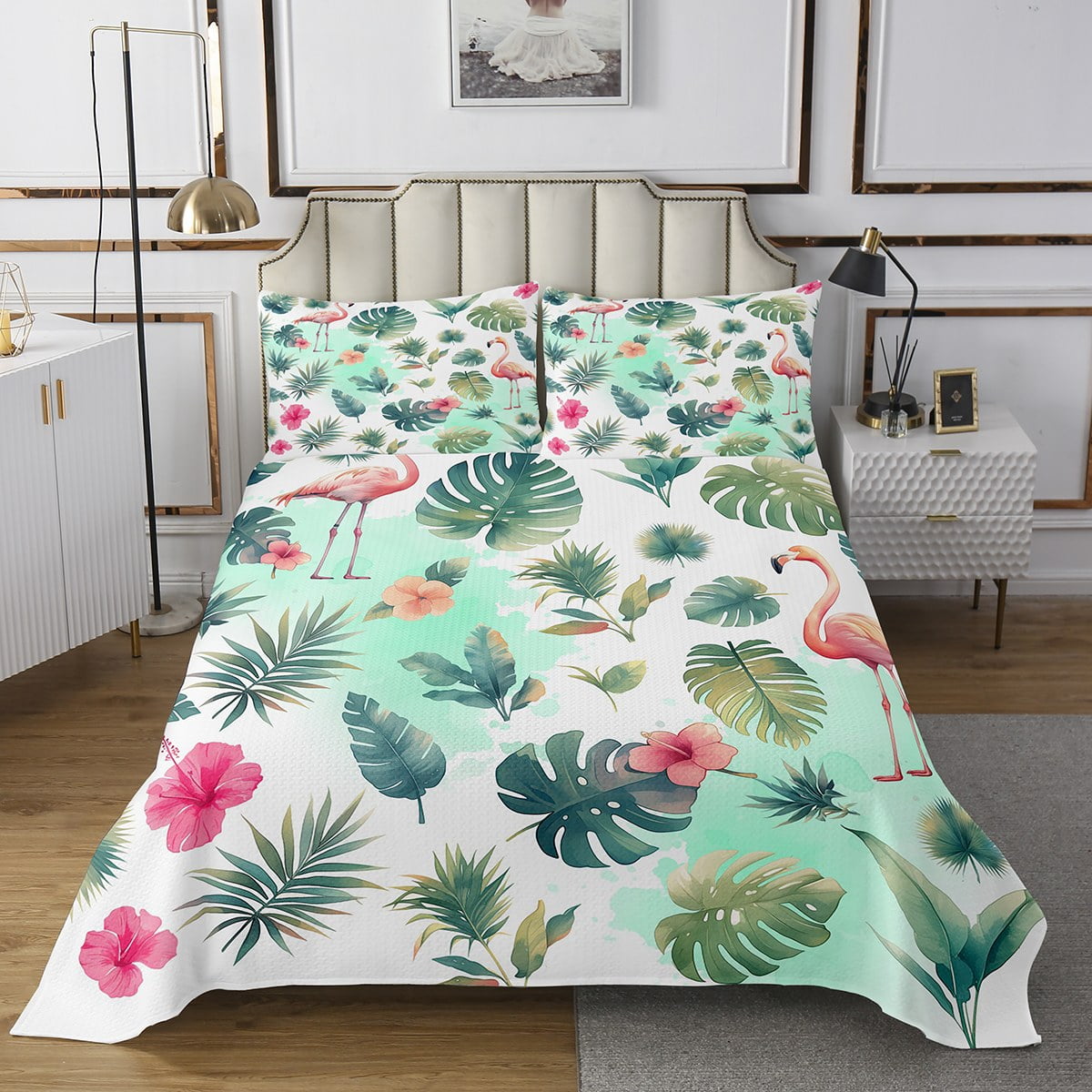 Palm Leaf Bedspread King Size,Tropical Flowers Flamingo Bedding Set ...