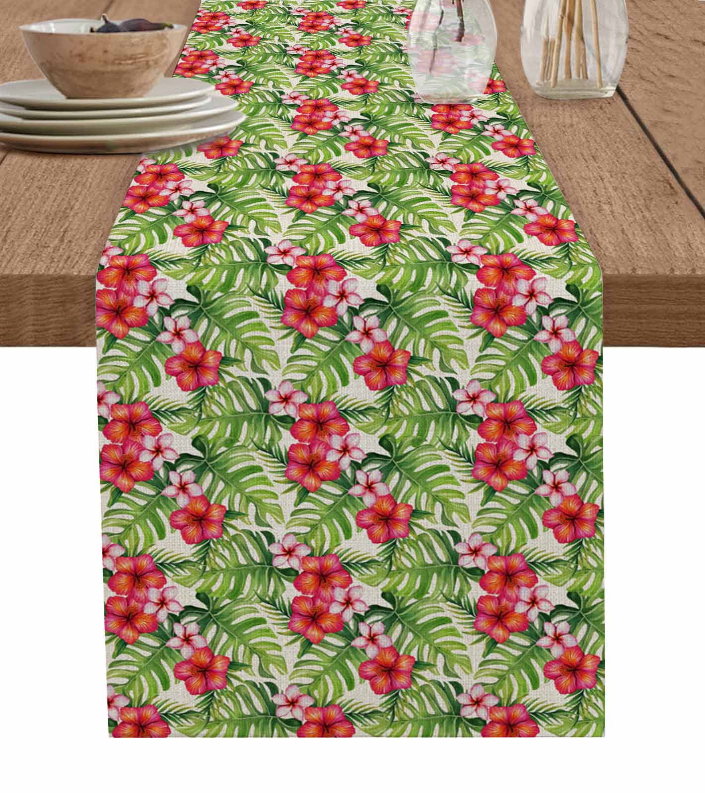 Palm Leaf Burlap Cotton Table Runner 14x72 Inches Long, Green Summer ...