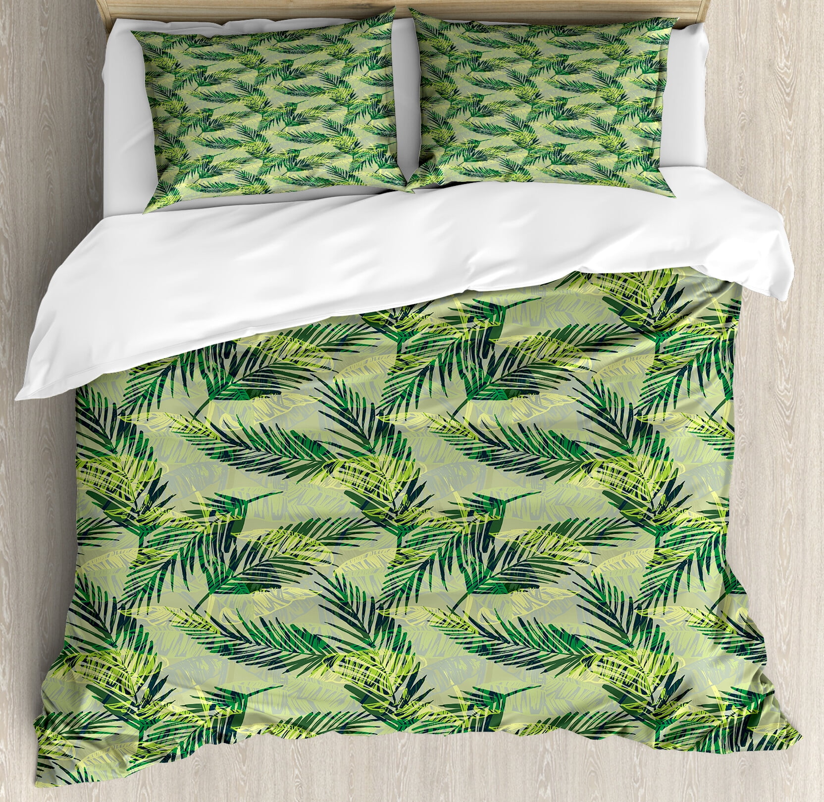 Palm Leaf Duvet Cover Set, Jungle Rainforest Pattern Hand Drawn Green ...