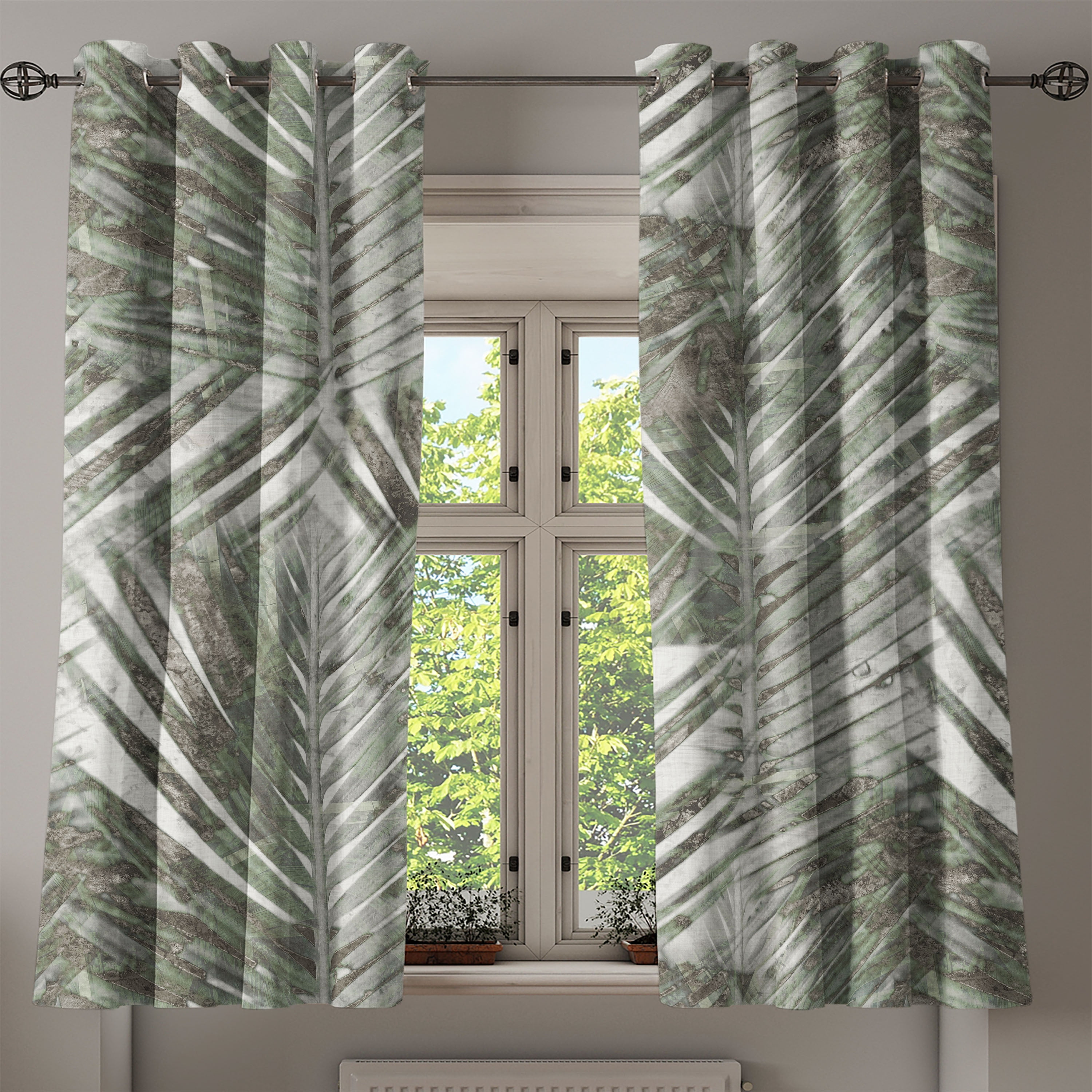 Palm Leaf Grommet Curtain, Vintage Tropical Hawaiian Pattern of Jungle ...