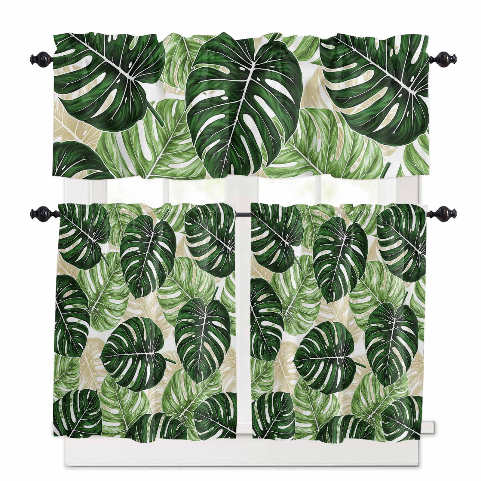 Palm Leaf Kitchen Curtains Set for Windows 3 Pieces,24 Inch Length Tier and Valance,Tropical ...