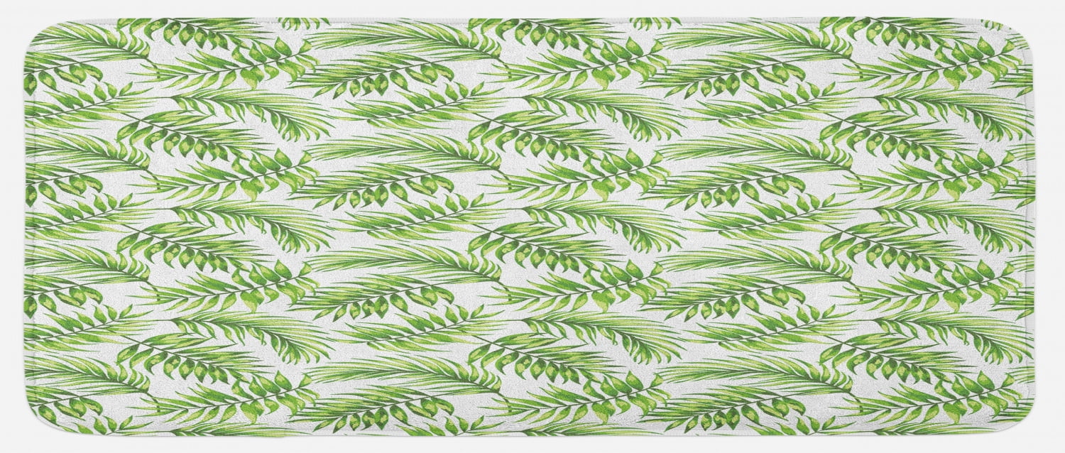 Palm Leaf Kitchen Mat, Exotic Pattern with Tropical Leaves in ...