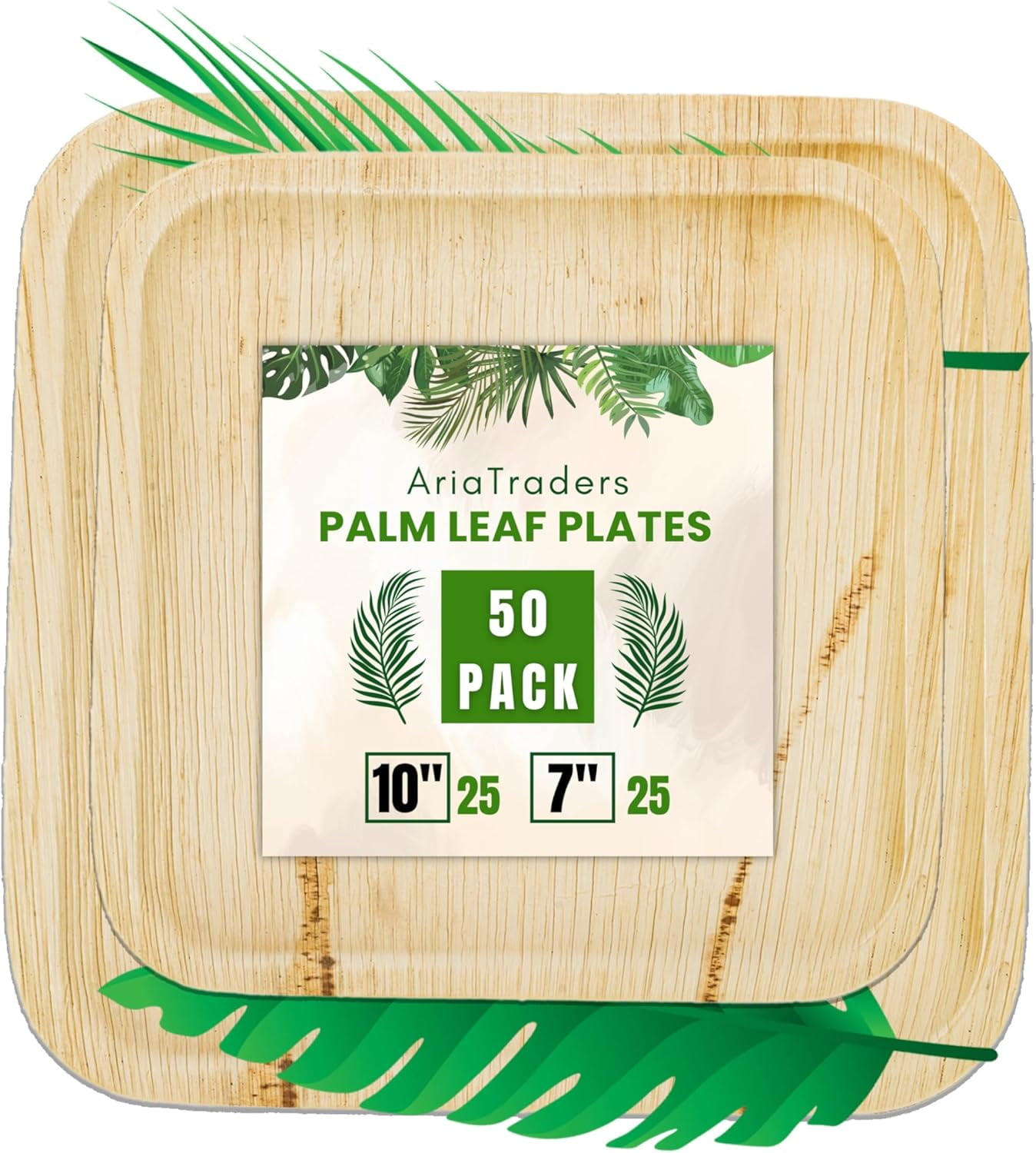 Palm Leaf Plates 10 Inch & 7 Inch (50-Pack), Square Bamboo Plates ...