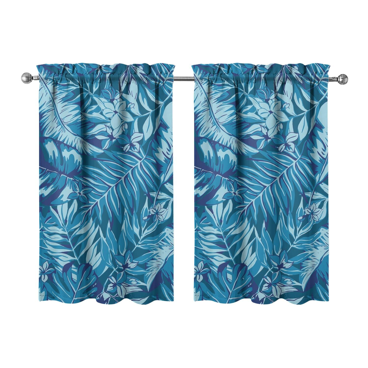 Palm Leaf Print 2 Pack Short Curtains 27.5Wx39L Inch Semi-Sheer Rod ...