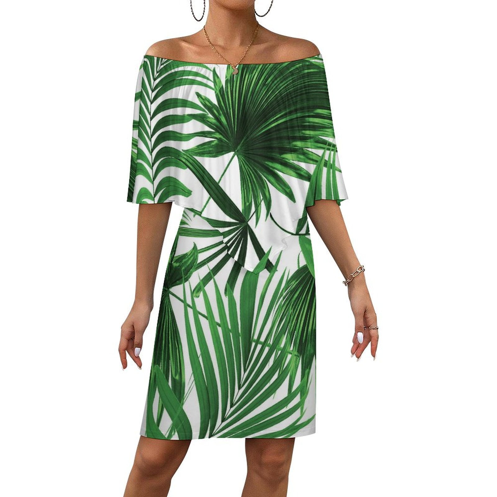 Palm Leaf Realistic Vivid Leaves of Palm Tree Women's Off The Shoulder ...