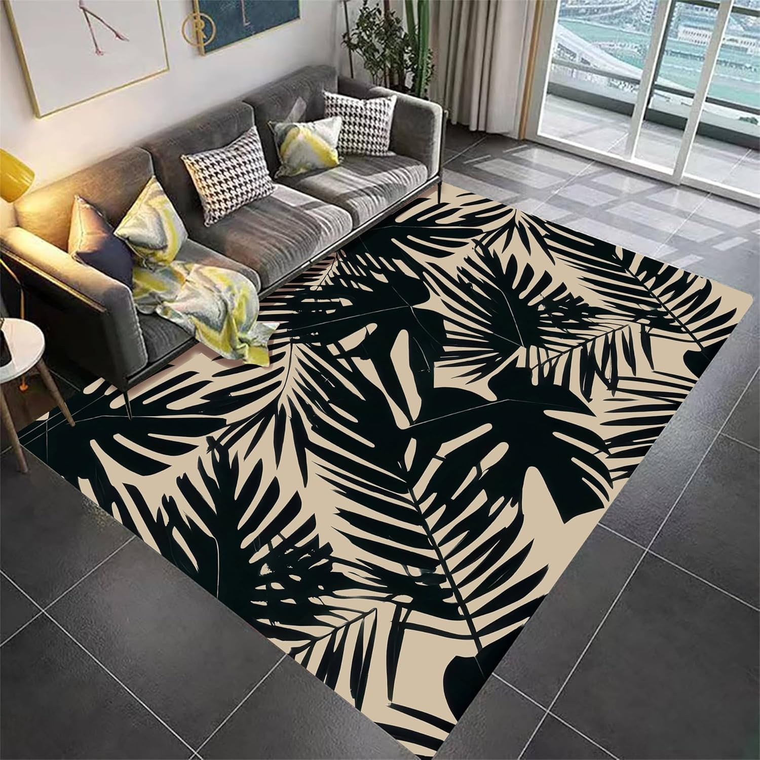 Palm Leaf Rug, Contemporary Nordic Black Fresh Botanical Banana Leaves ...
