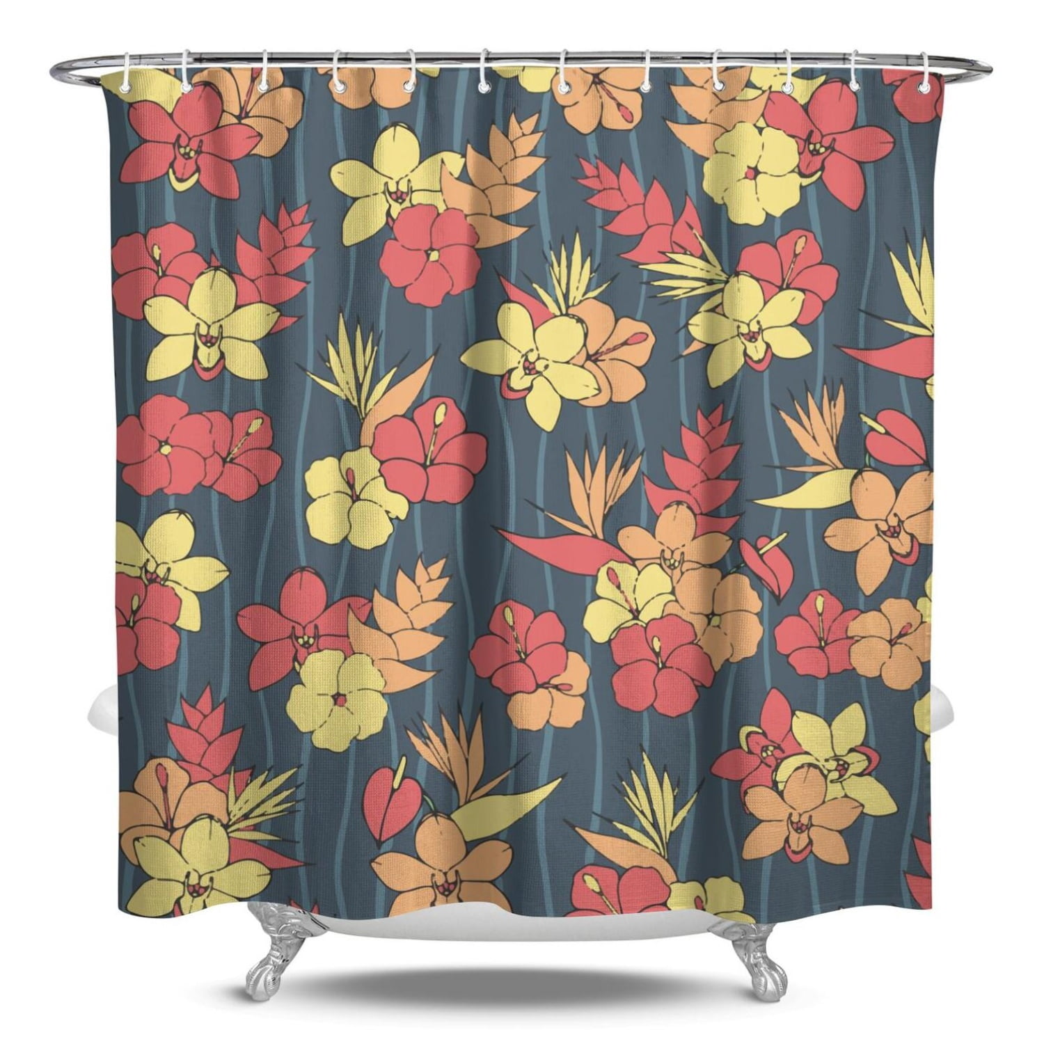 Palm Leaf and Exotic Floral Waterproof Shower Curtain, Machine Washable ...