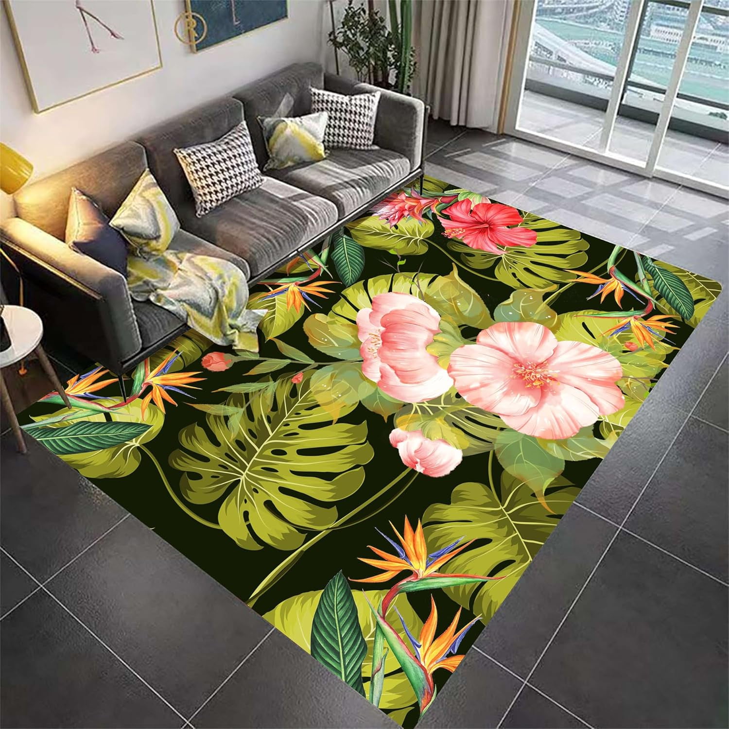 Palm Leaves Carpet, Tropical Banana Leaf And Red Flowers Patterns Area ...