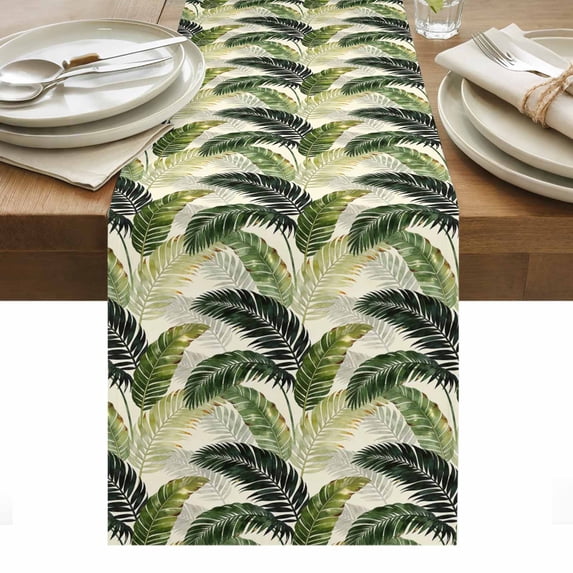 Palm Leaves Cotton Linen Table Runner Tropical Jungle Sage Green ...