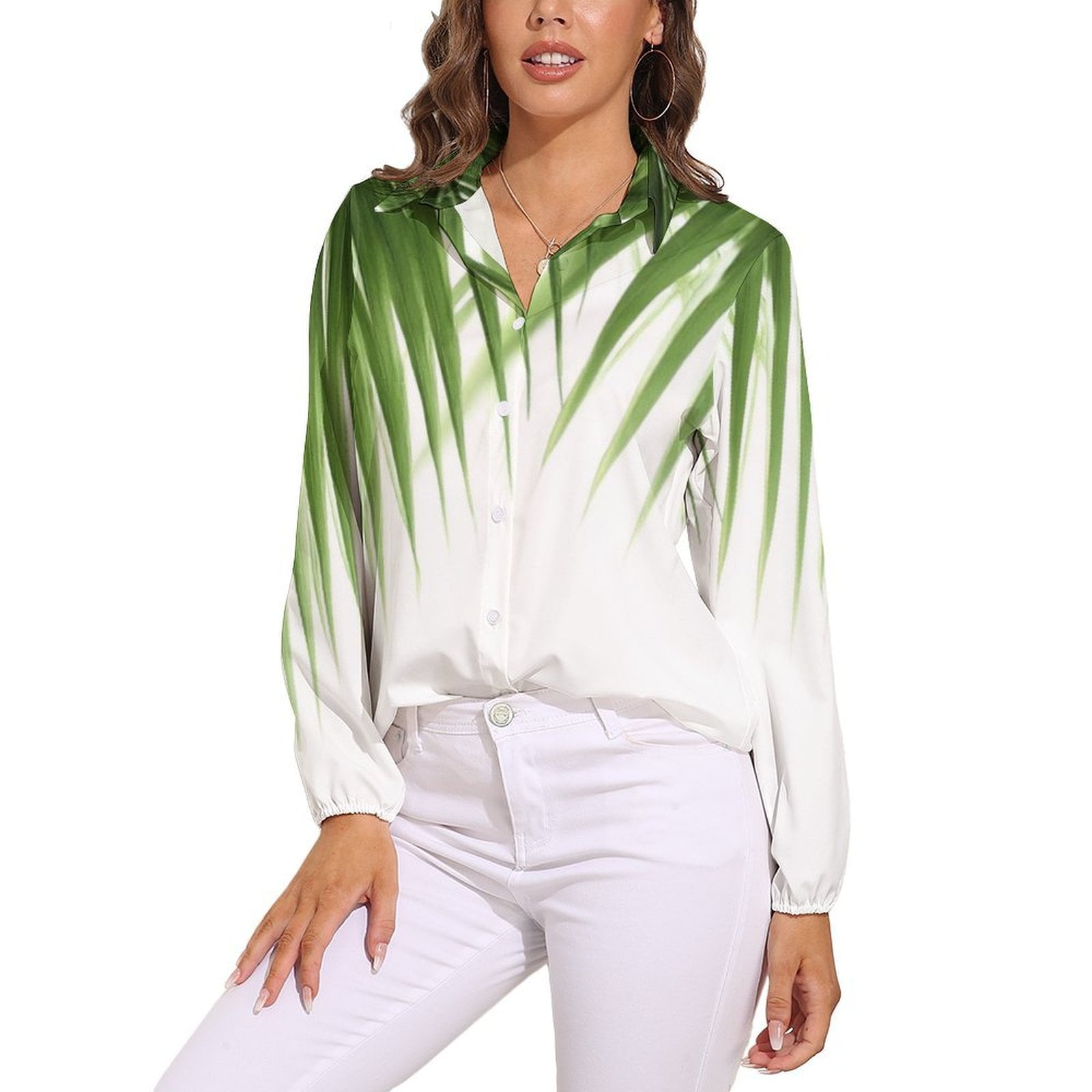 Palm Leaves Green Vibes #9 #tropical-1 Vntage Casual Long Sleeve Shirt Blouse Woman Streetwear ...