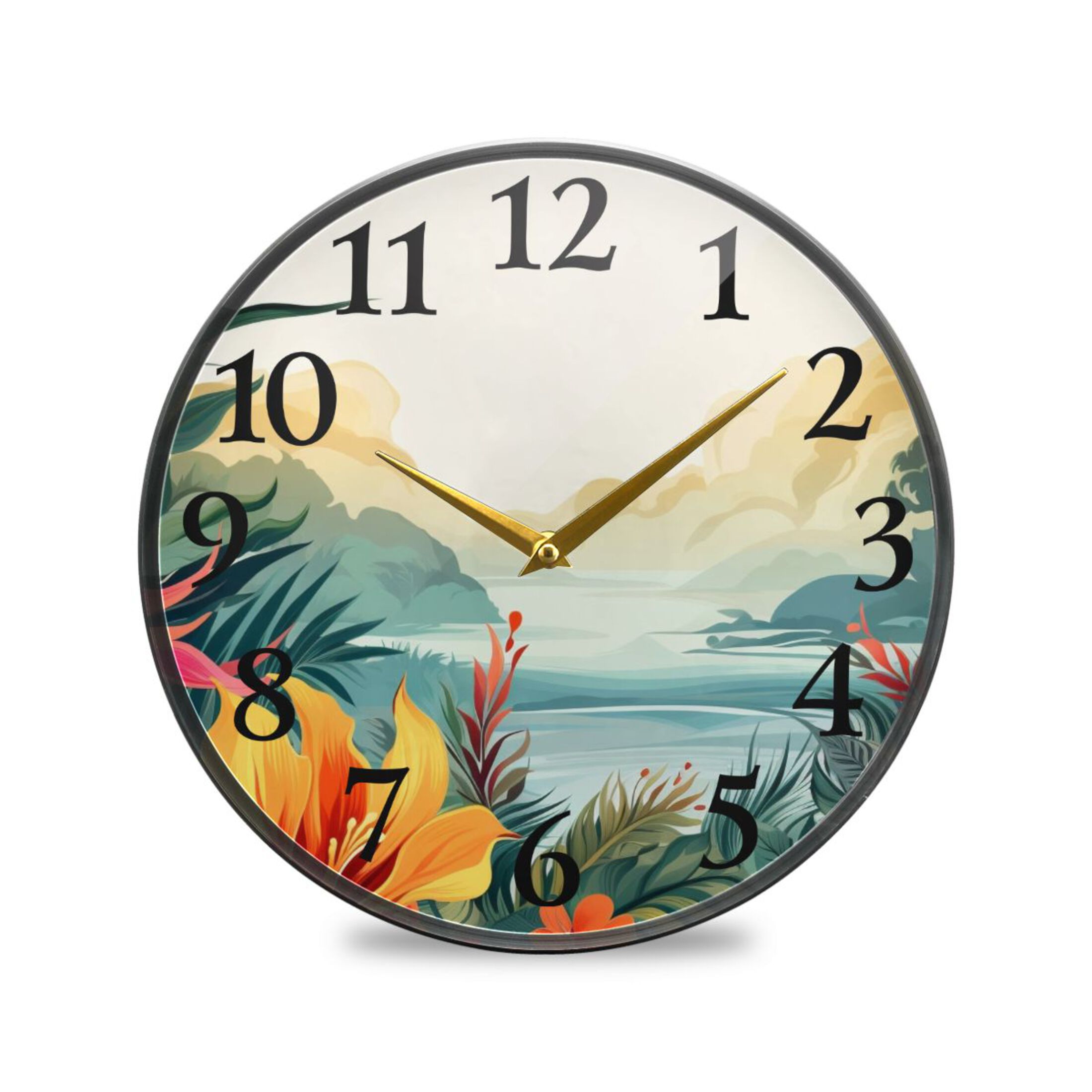 Palm Leaves Landscape Wall Clocks Battery Operated 11.9 Inch Round ...