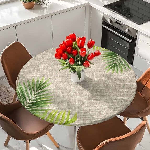 Palm Leaves on Light Brown Burlap Round Fitted Tablecloth with Elastic ...