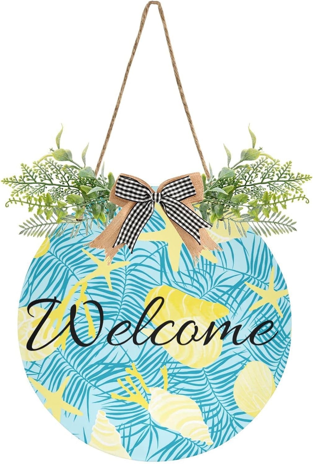Palm Leaves & Shells Welcome Sign for Front Door, Round Sign Hanging ...