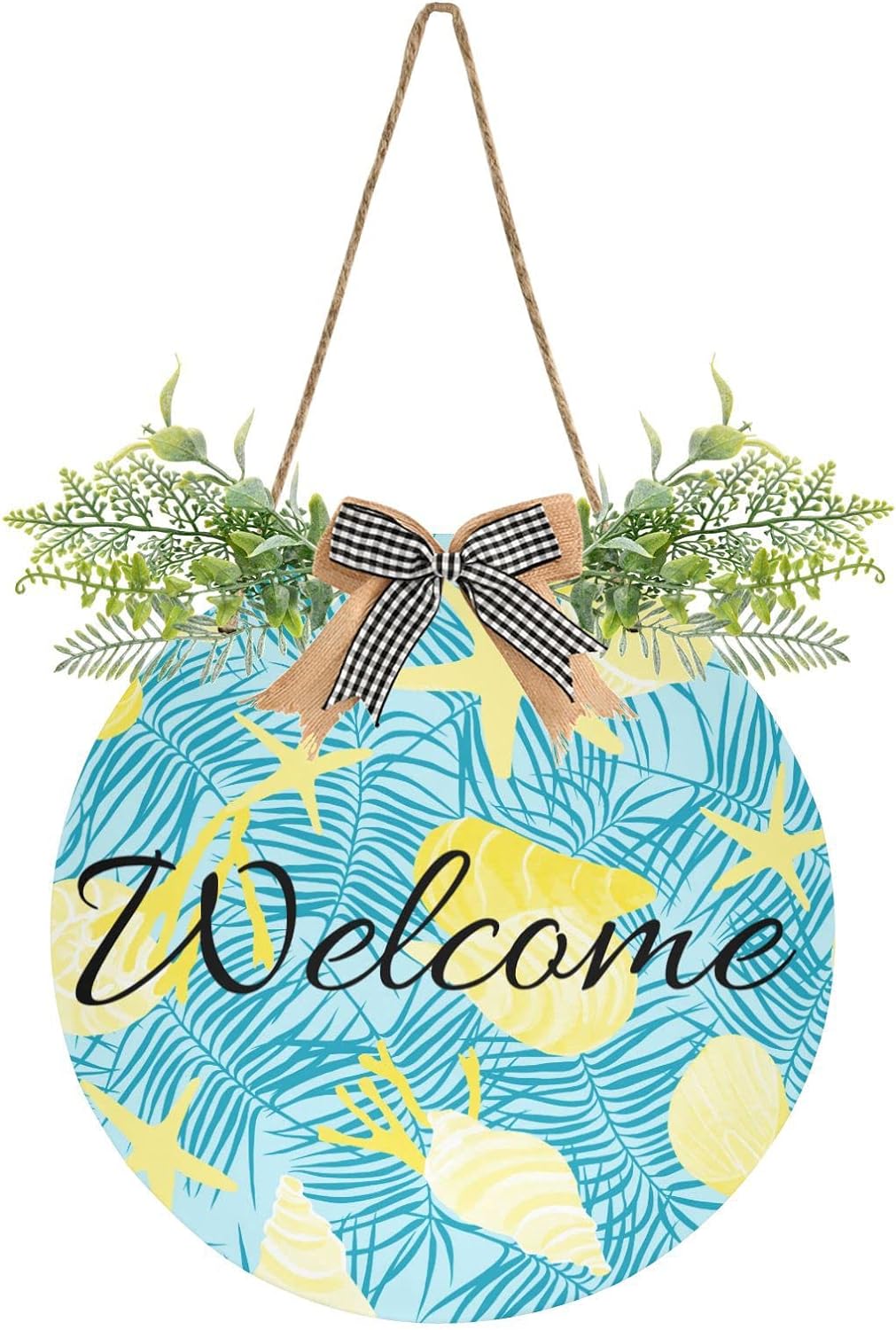 Palm Leaves & Shells Welcome Sign for Front Door, Round Sign Hanging ...