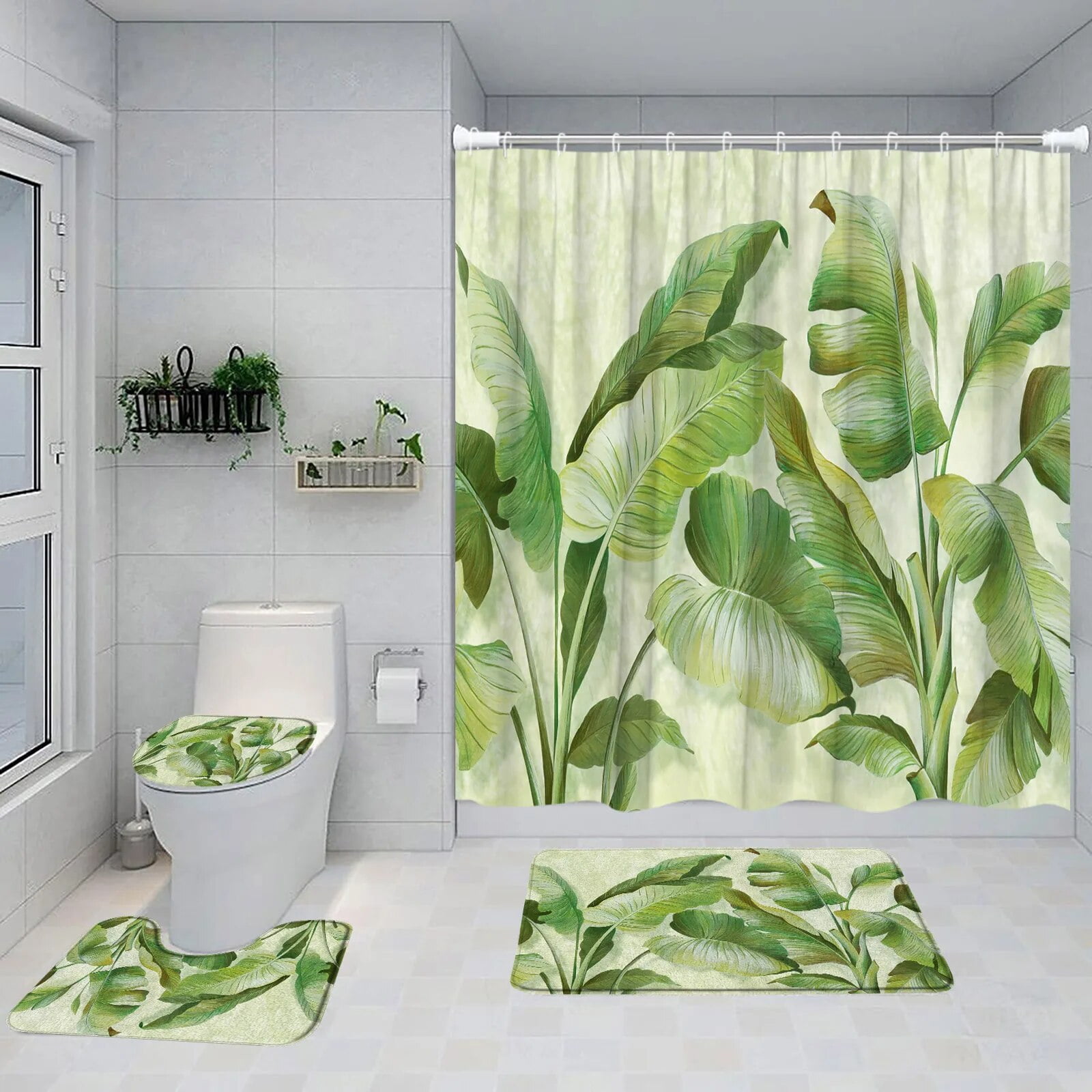 Palm Leaves Shower Curtain Set Tropical Plants Green Leaf Modern ...