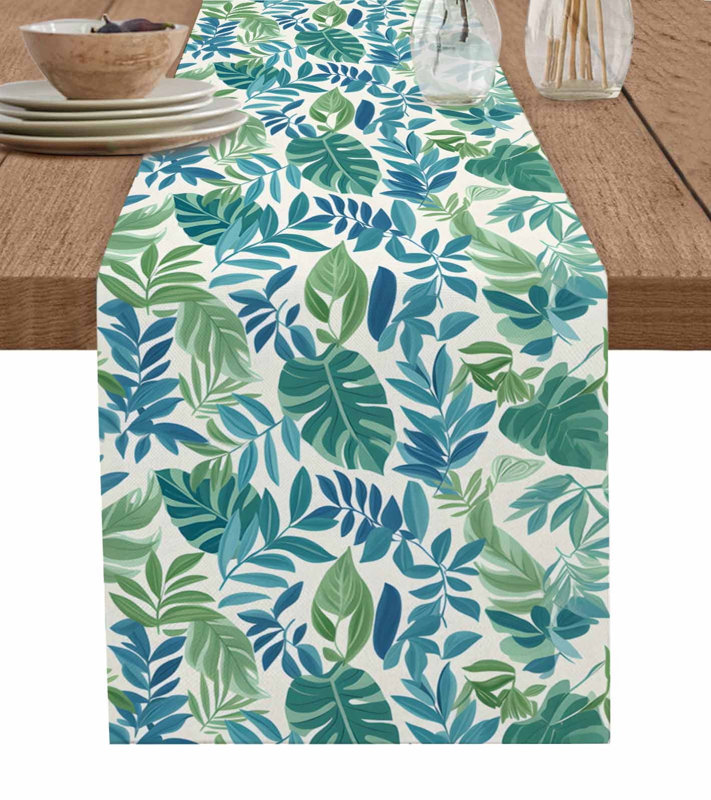 Palm Leaves Table Runner 72 Inches, Green Blue Tropical Plants Summer ...