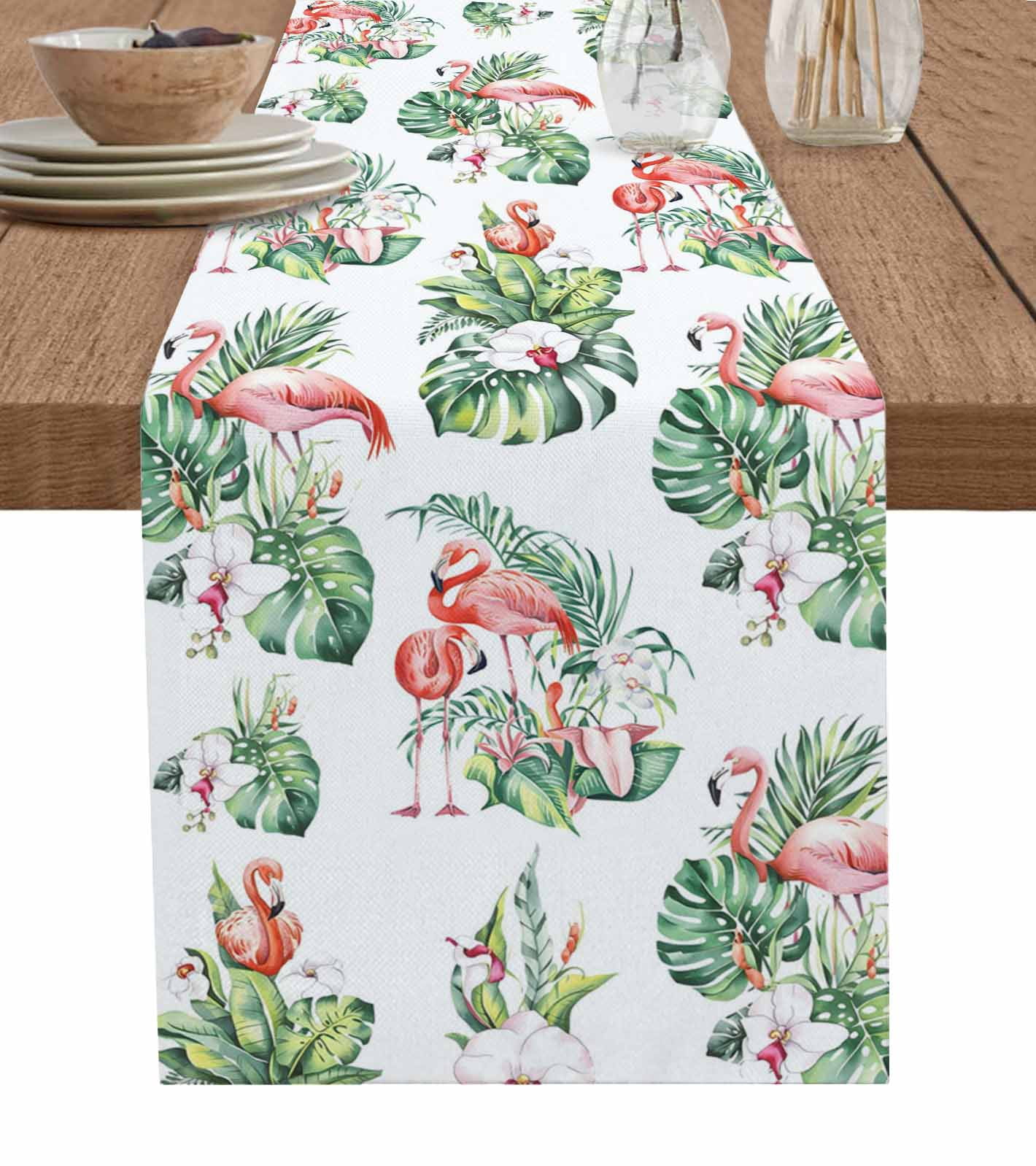 Palm Leaves Table Runner 72 Inches, Tropical Flamingo Summer Green ...