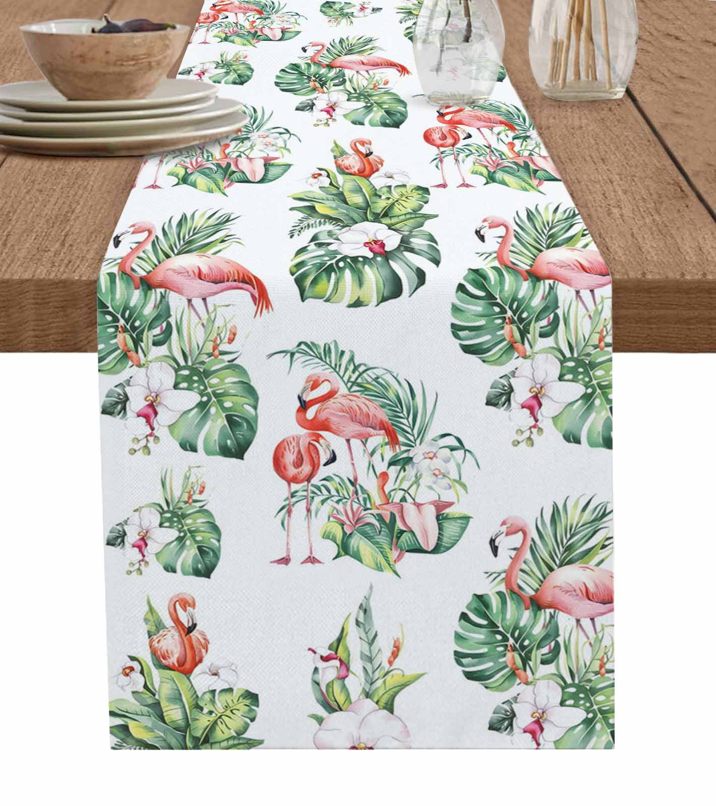 Palm Leaves Table Runner Tropical Flamingo Summer Green Flower ...