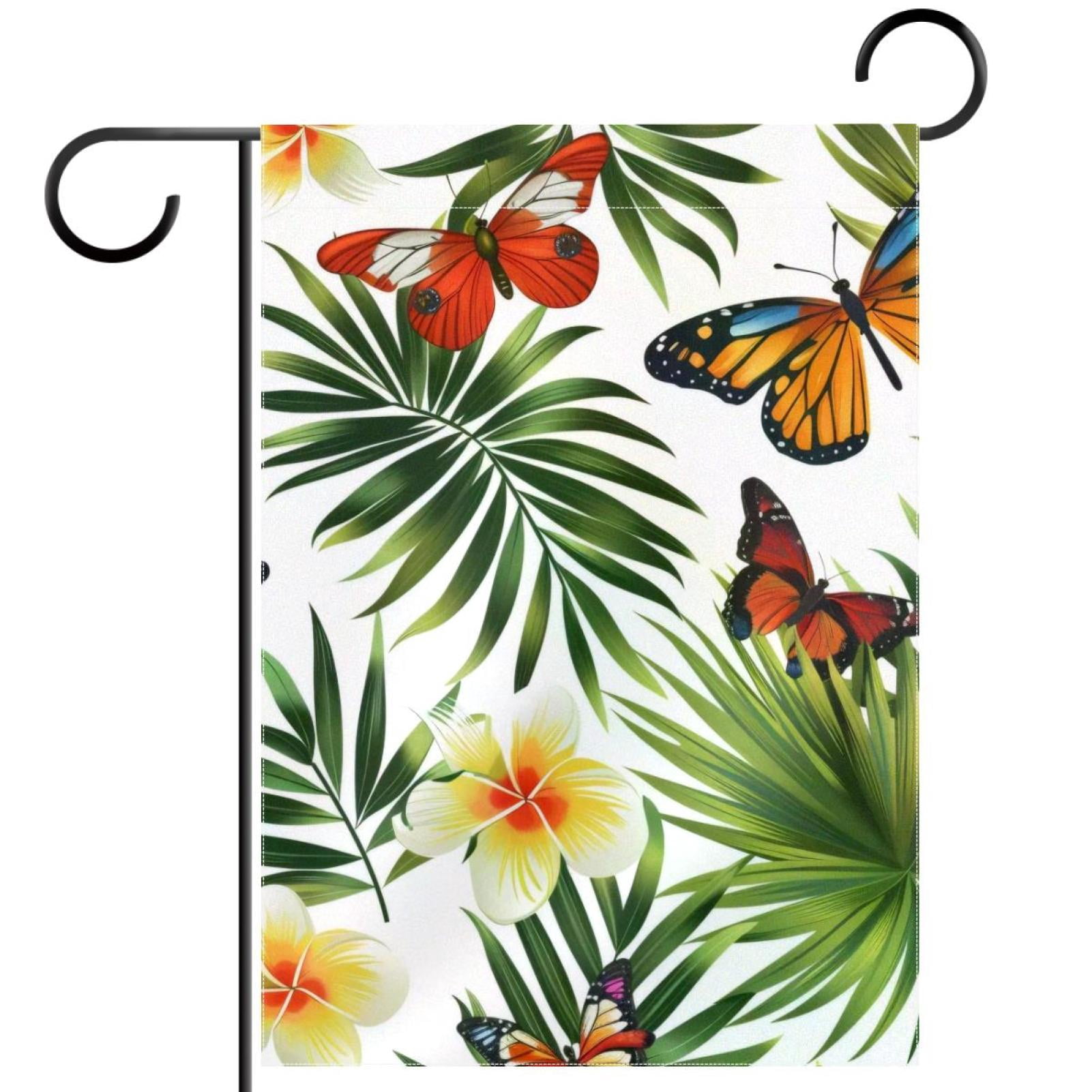 Palm Leaves Tropical Flowers and Colorful Butterflies Welcome Garden ...