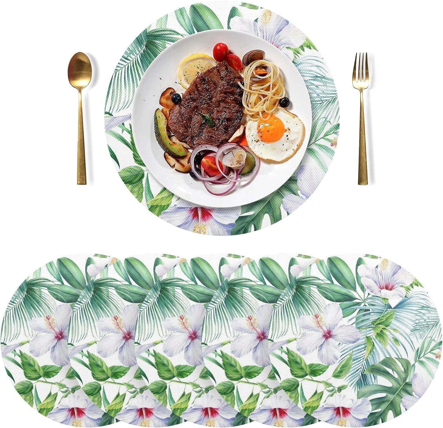 Palm Leaves Tropical Flowers Watercolor Round Place Mats Set of 6, Heat ...