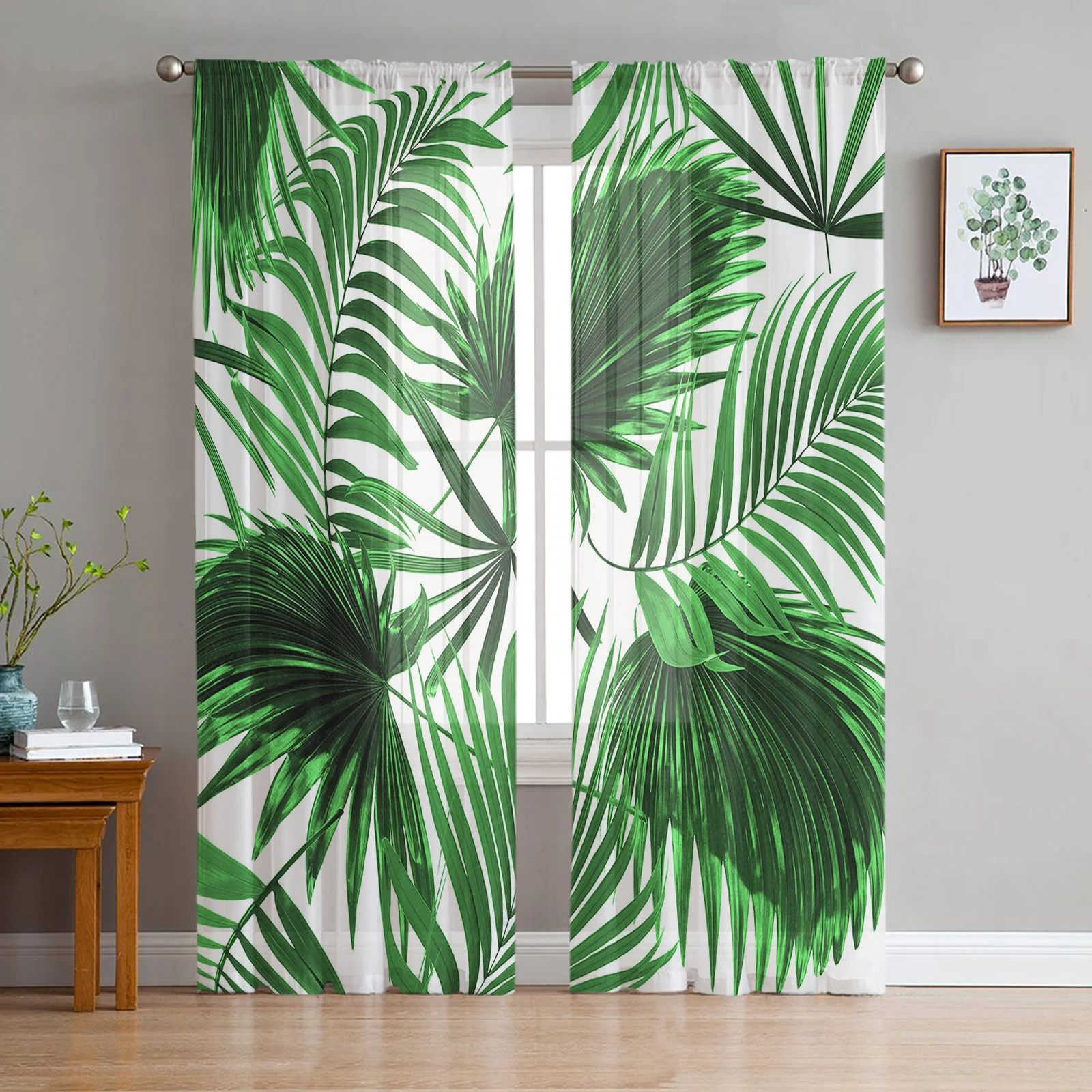 Palm Leaves Tropical Jungle Plant Green Tulle Sheer Curtains for Living ...