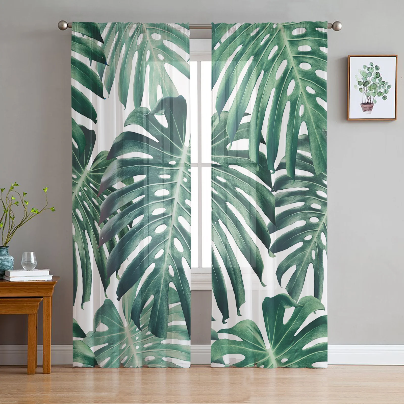 Palm Leaves Tropical Jungle Plant Green Tulle Sheer Curtains for Living ...