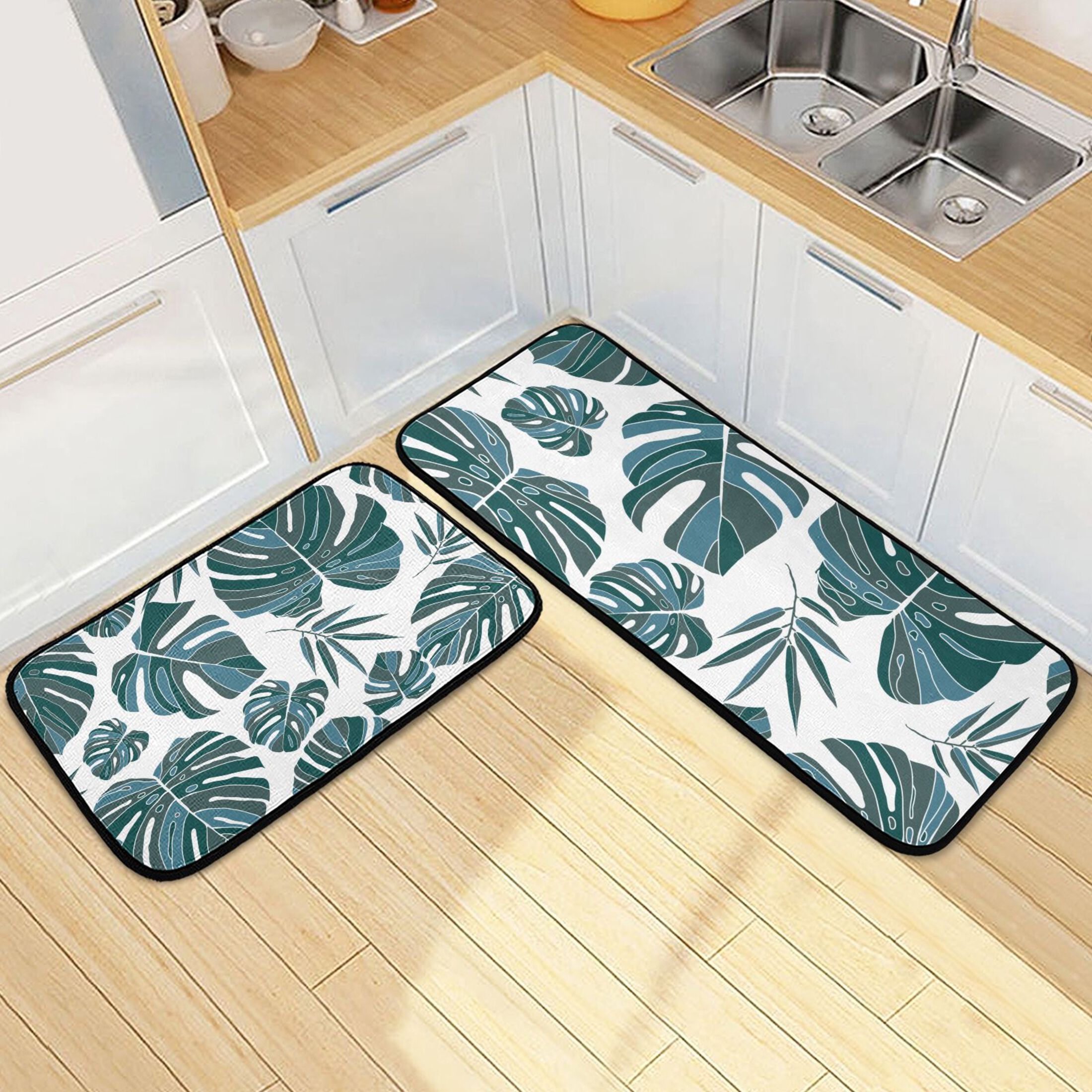 Palm Leaves Tropical Kitchen Mats Set 2 Piece Non Slip Floor Foam Rugs ...