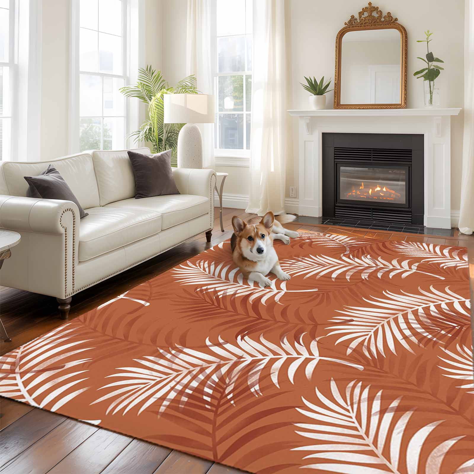 Palm Leaves Washable Area Rug 5x7 Coastal Tropical Terracotta Palm Leaf ...