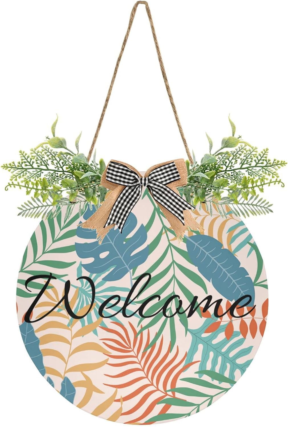Palm Leaves Welcome Sign for Front Door, Round Sign Hanging Welcome ...