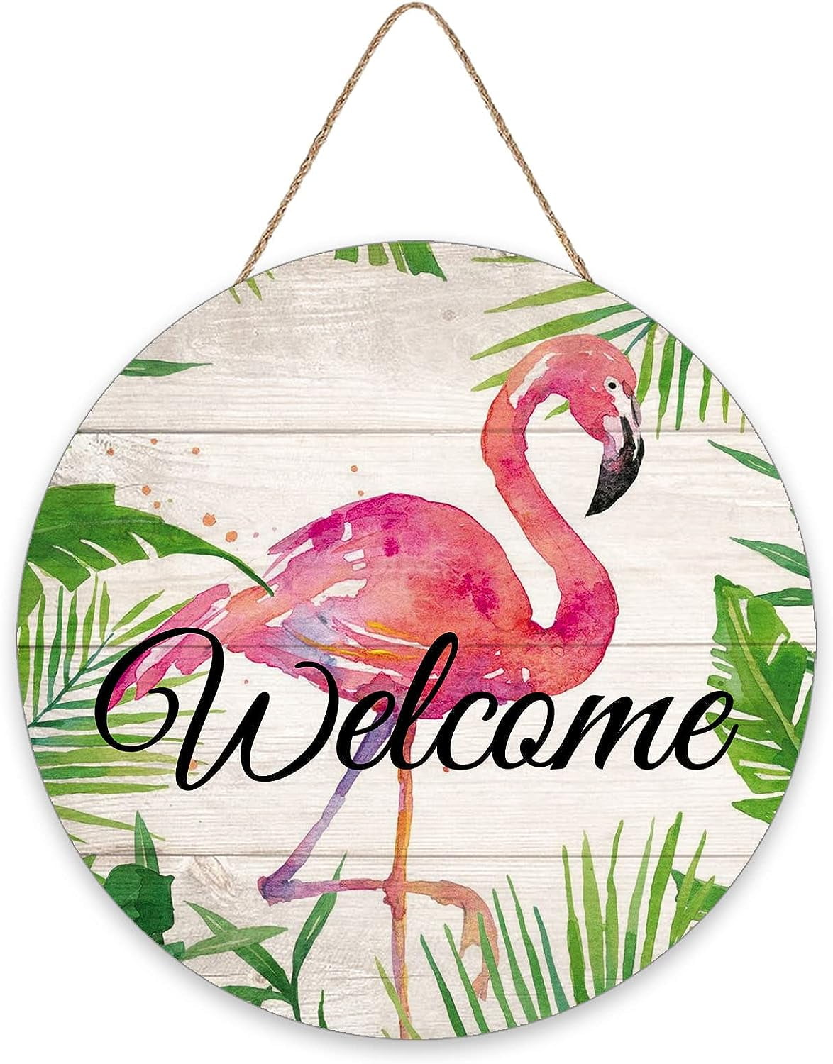 Palm Leaves With Flamingo Rustic Round Hanging Wood Sign, Welcome Sign ...