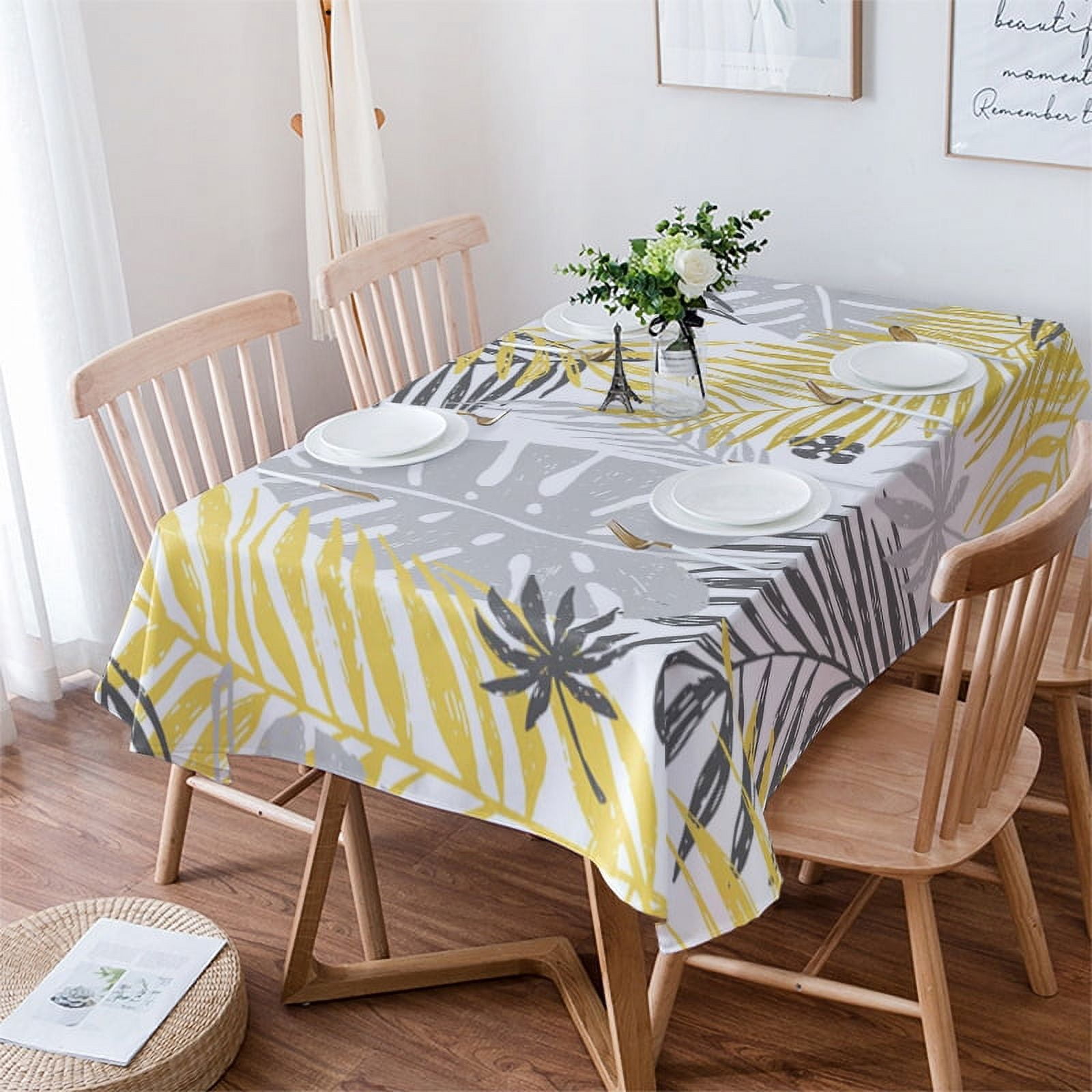 Palm Leaves Yellow Gray Tablecloths Waterproof Kitchen Items Coffee ...